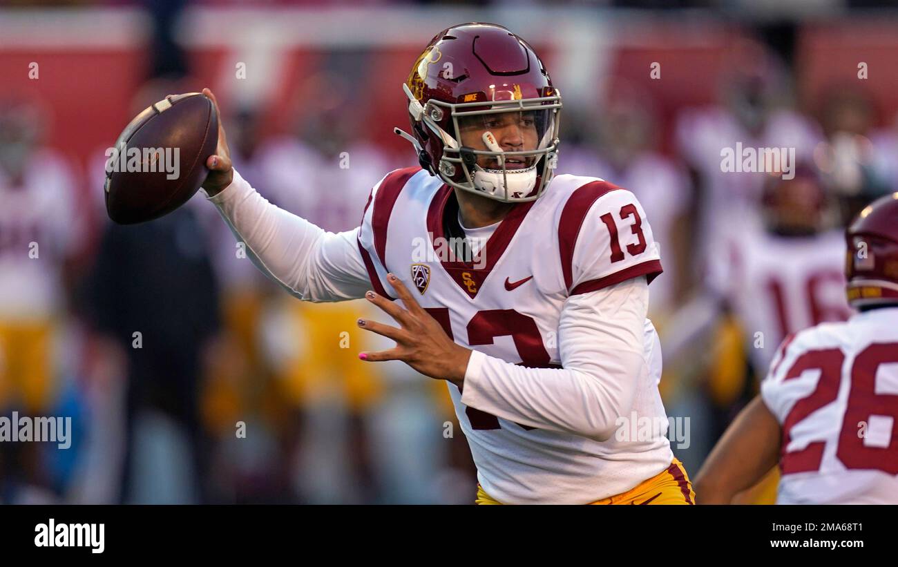 Southern California quarterback Caleb Williams (13) throws downfield ...