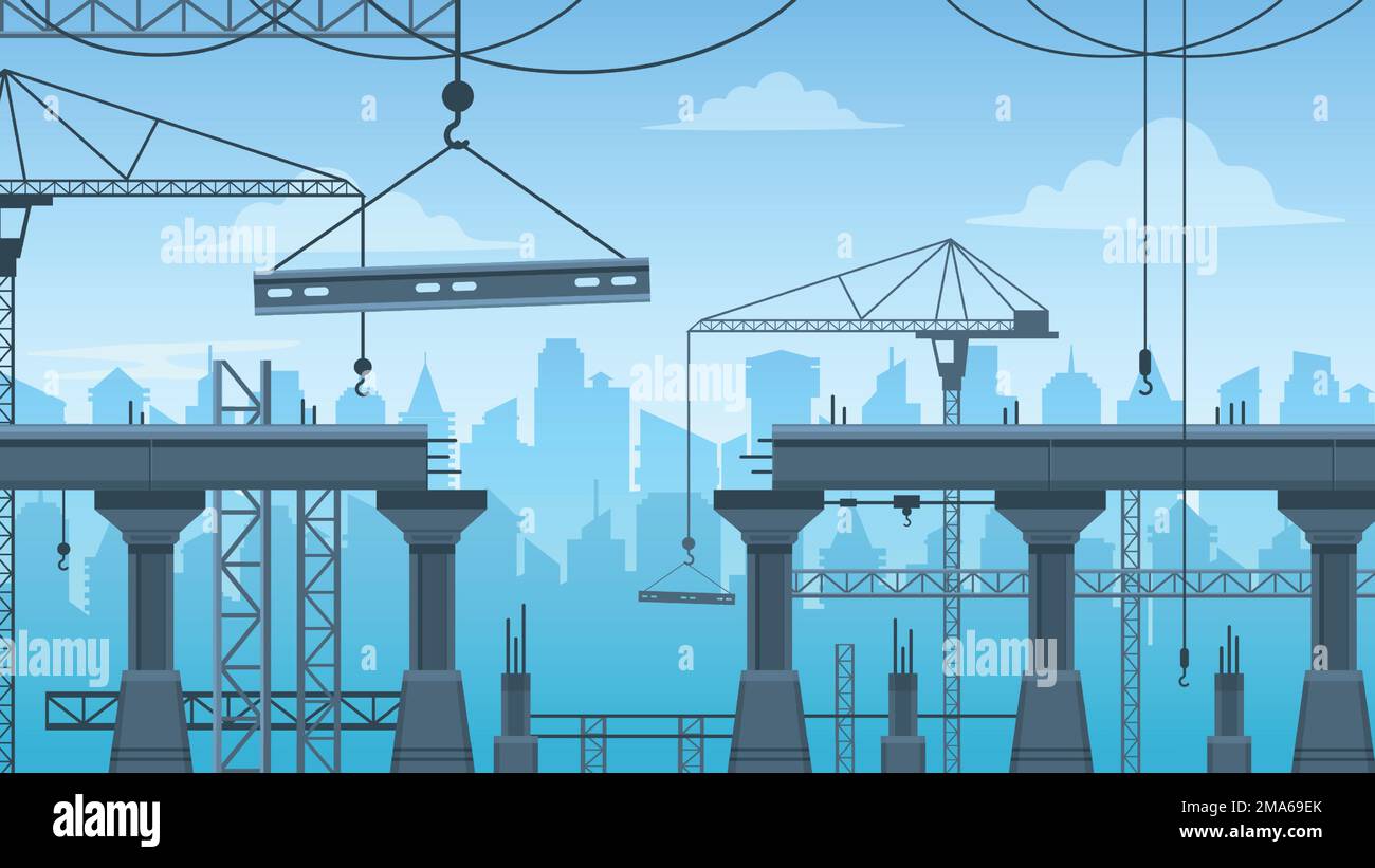 Bridge construction. Steps of building repair bridgework with crane ...