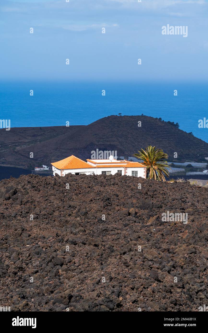 House in the lava flow, Tajogaite volcano from the 2021 eruption, El ...