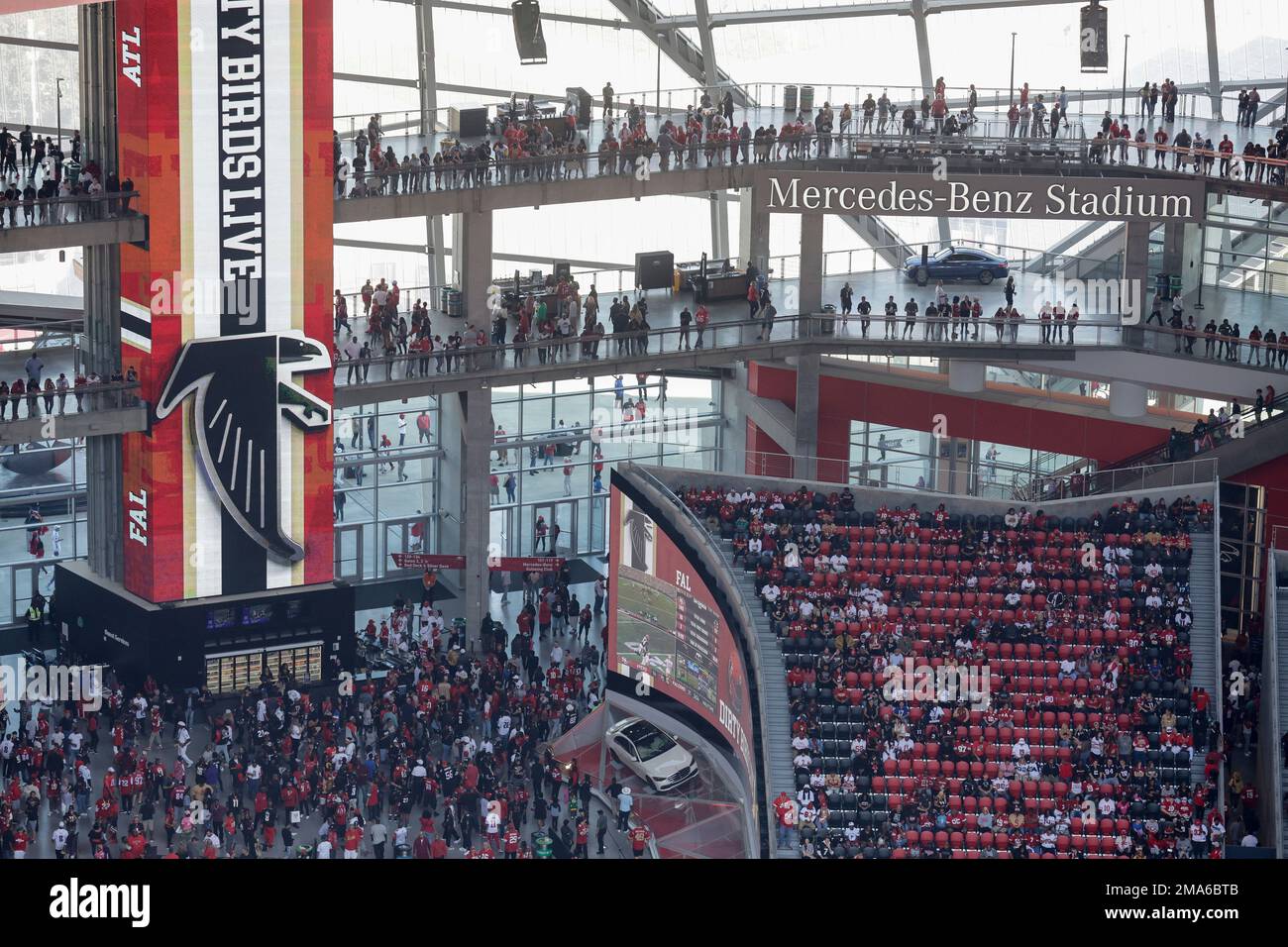 Aerial view of the concourses of Mercedes-Benz Stadium during halftime ...