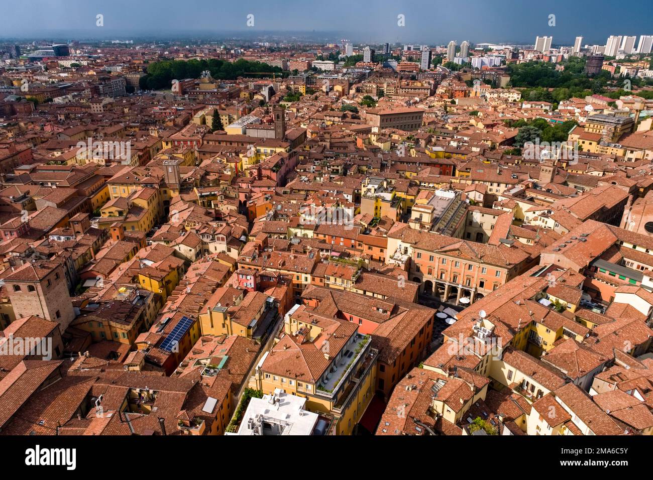 Aerial view of the roofs of the medieval city of Bologna, seen from the ...