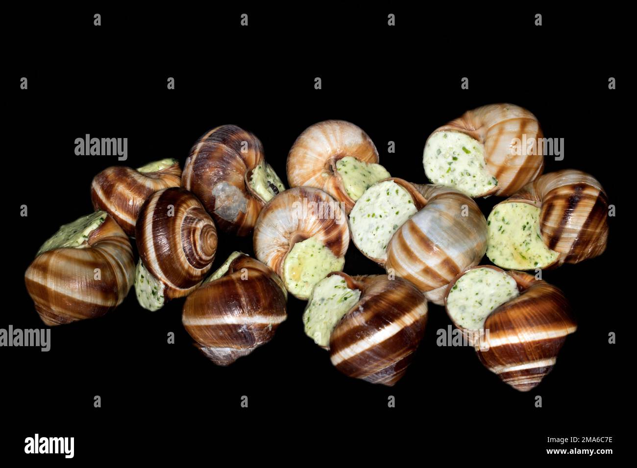 Striped (Helix lucorum) Roman snails stuffed with herb garlic butter ...