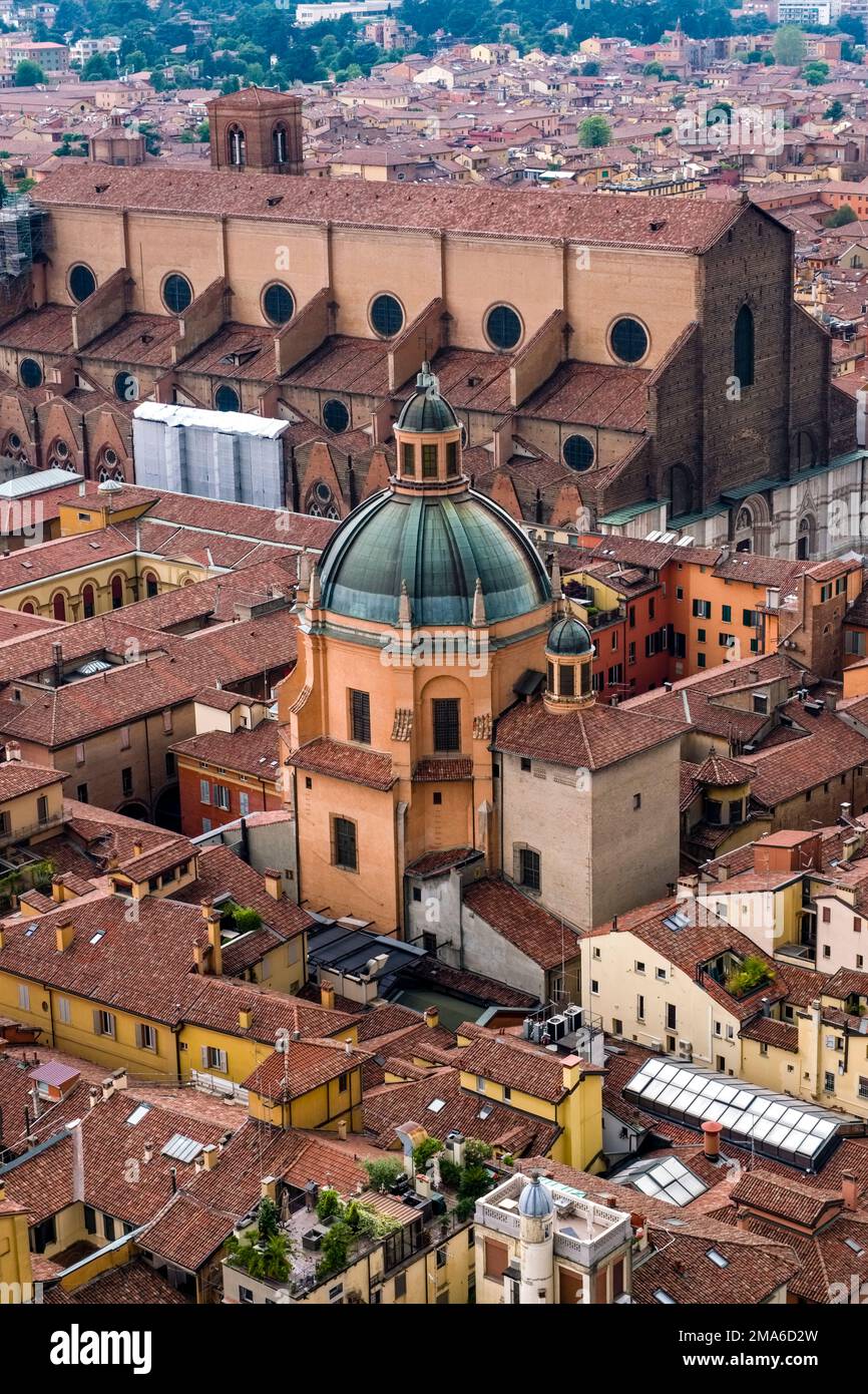 Aerial view of the roofs of the medieval city of Bologna, seen from the ...