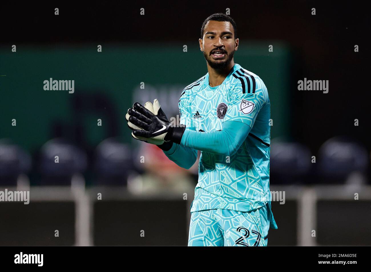 Inter Miami goalkeeper Drake Callender (27) reacts against New York ...