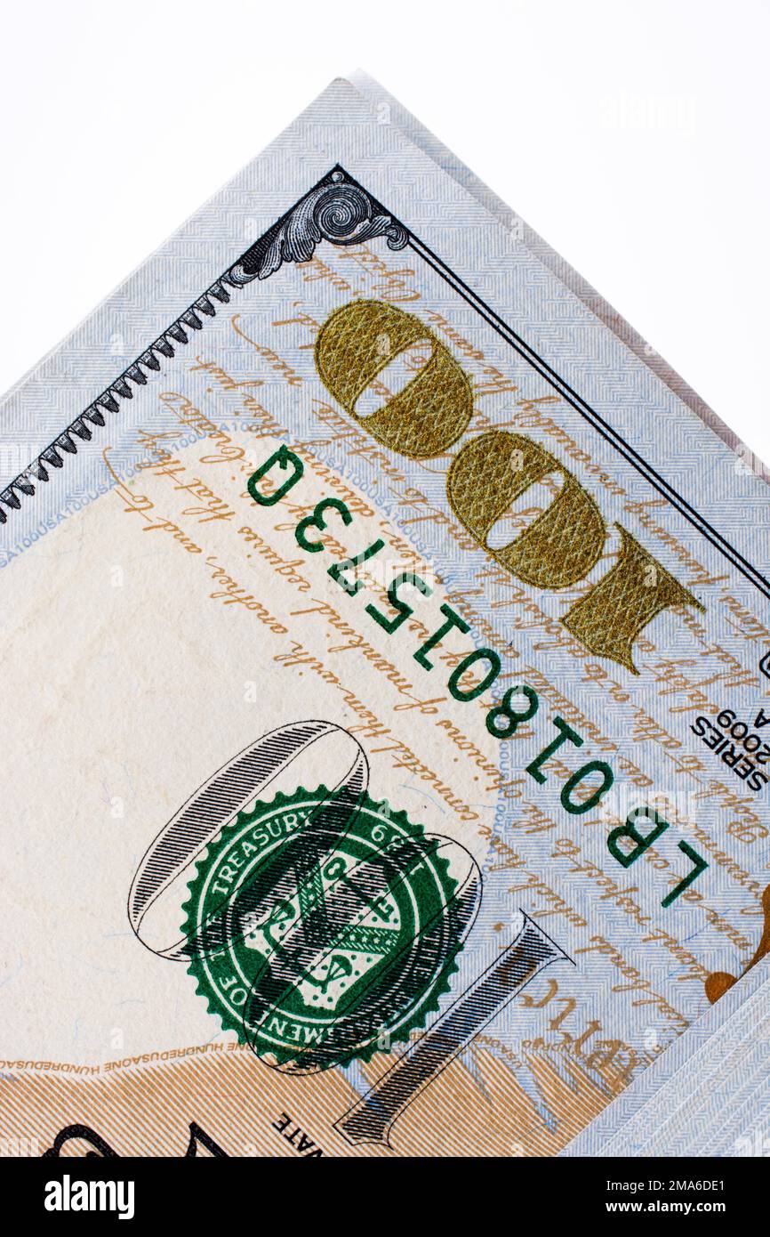 American 100 dollar banknotes made of paper placed on white background ...