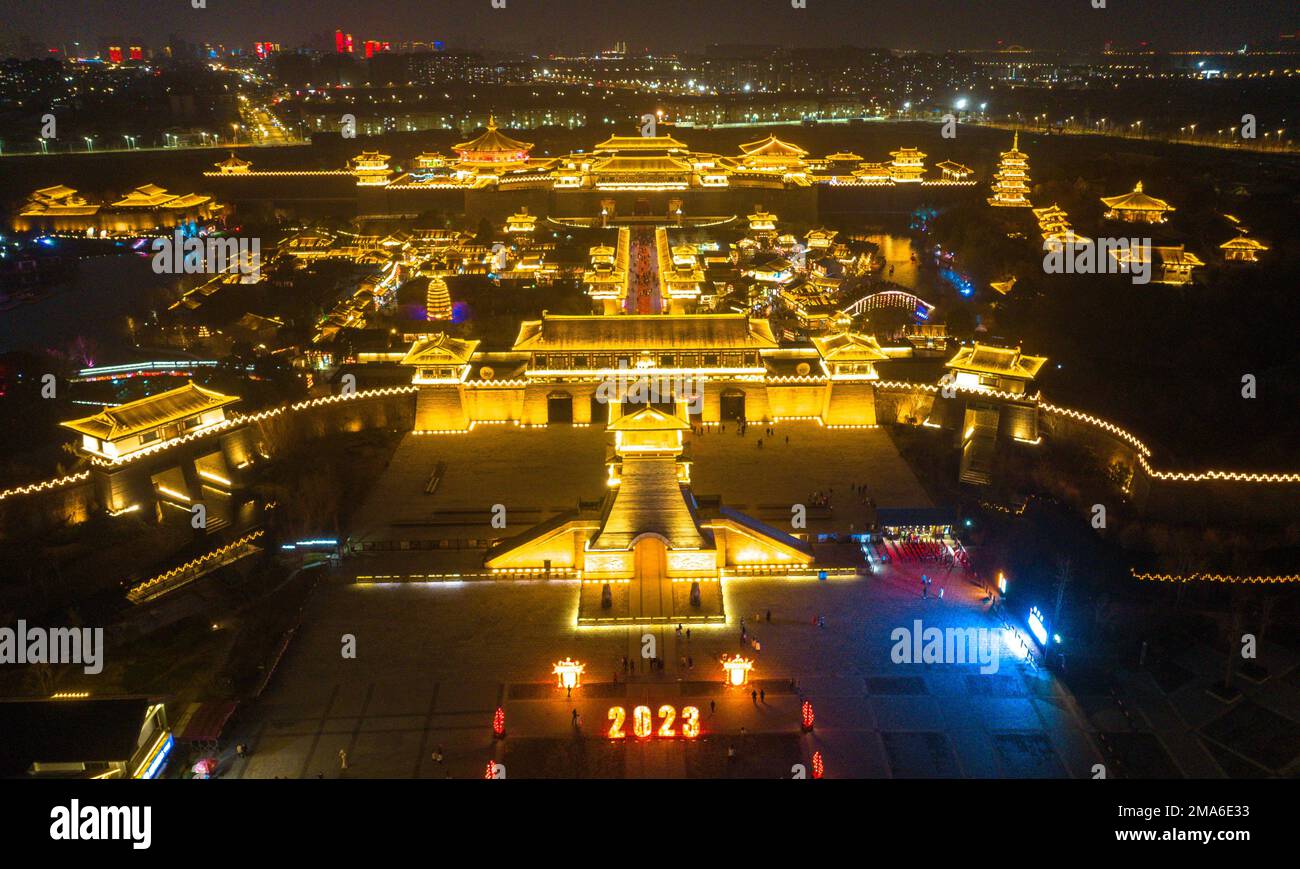 Aerial photo shows the night view of the illuminated Tangcheng scenic ...