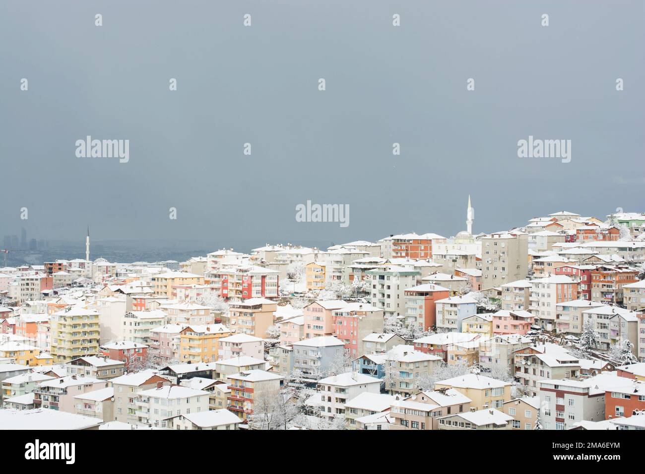 A winter view from the city of Istanbul with houses covered with white ...