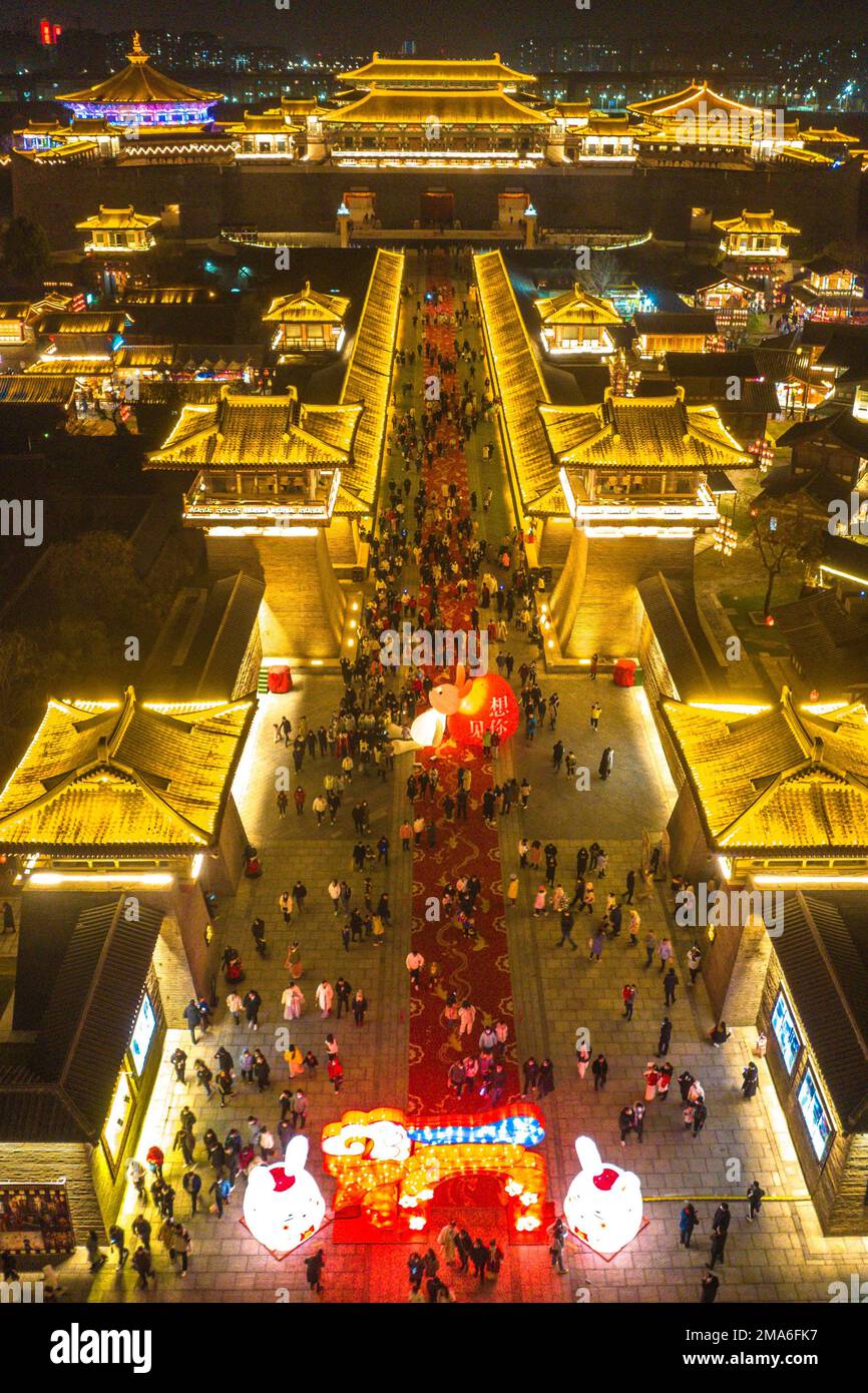 Aerial photo shows the night view of the illuminated Tangcheng scenic ...