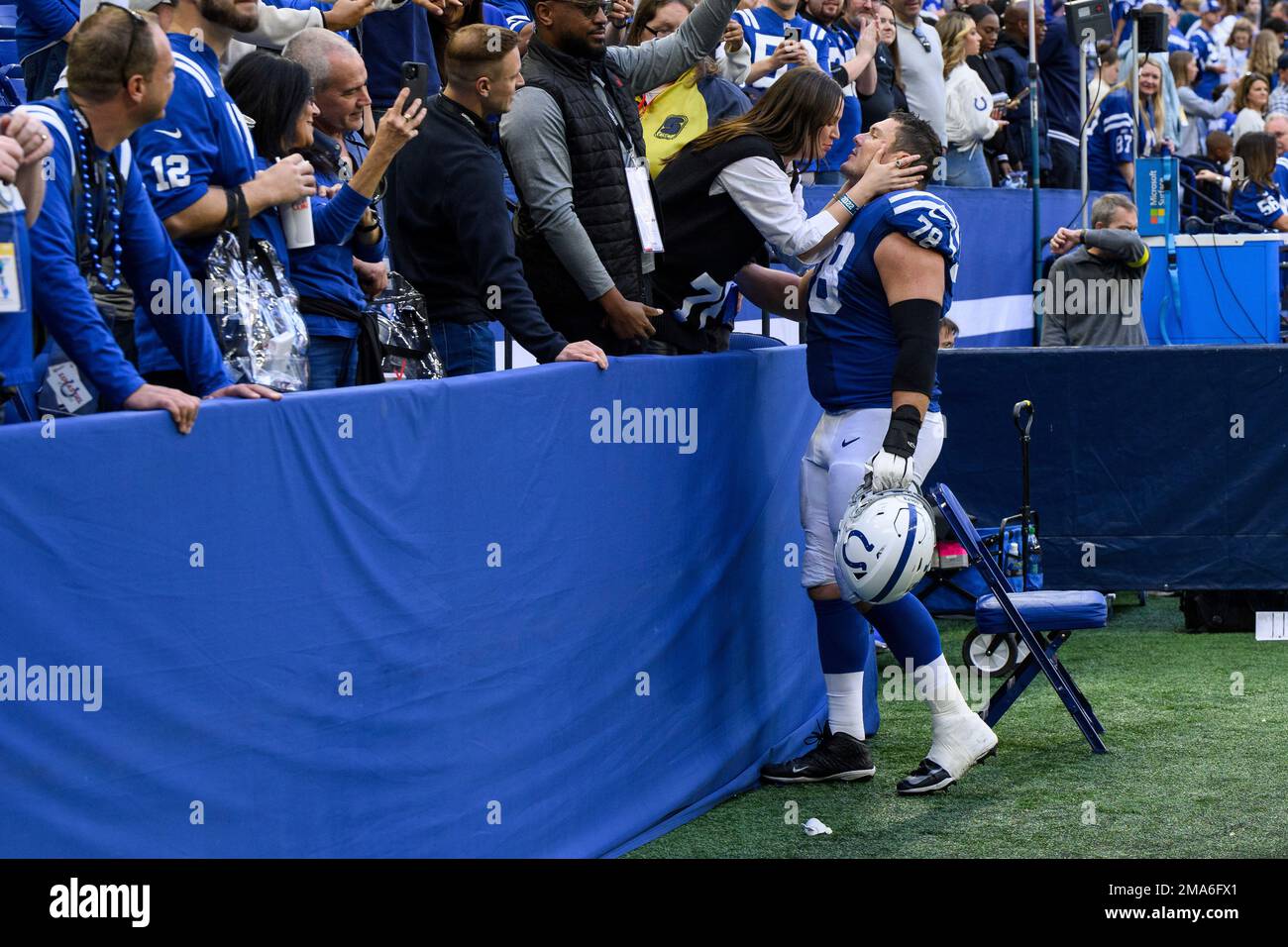 Indianapolis Colts center Ryan Kelly (78) kisses his wife on the ...