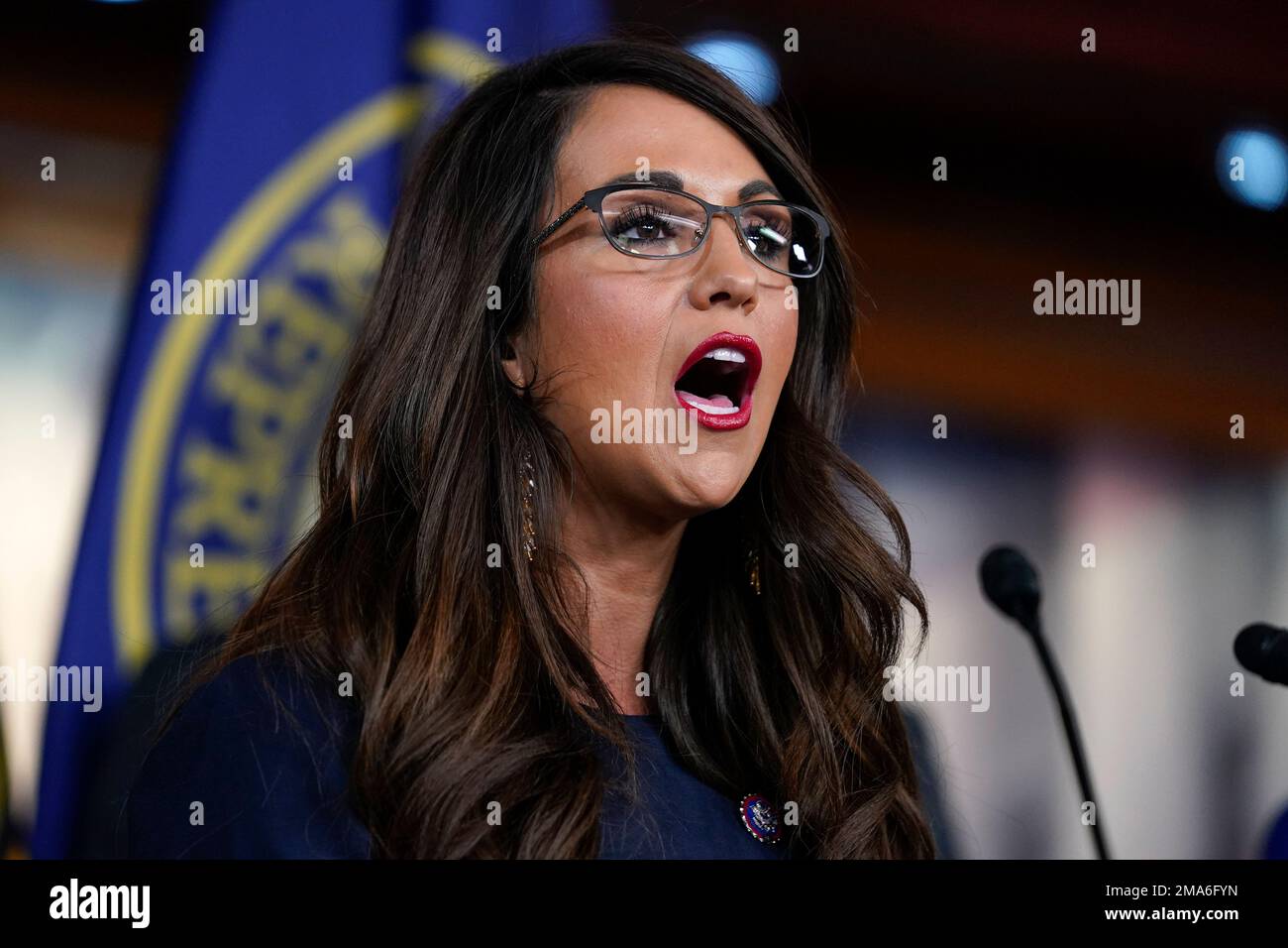 FILE - Rep. Lauren Boebert, R-Colo., speaks to reporters at the Capitol ...