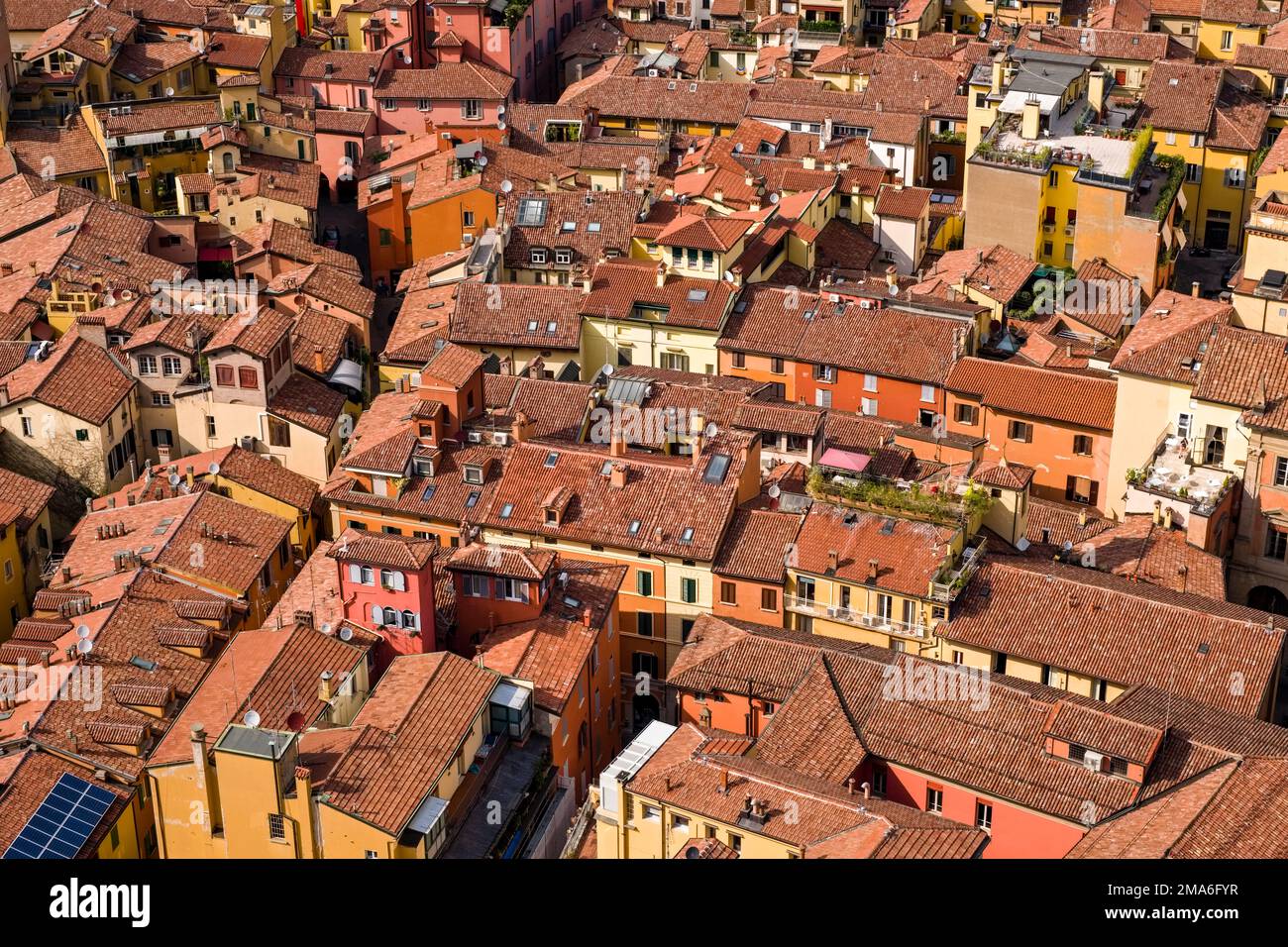 Aerial view of the roofs of the medieval city of Bologna, seen from the ...
