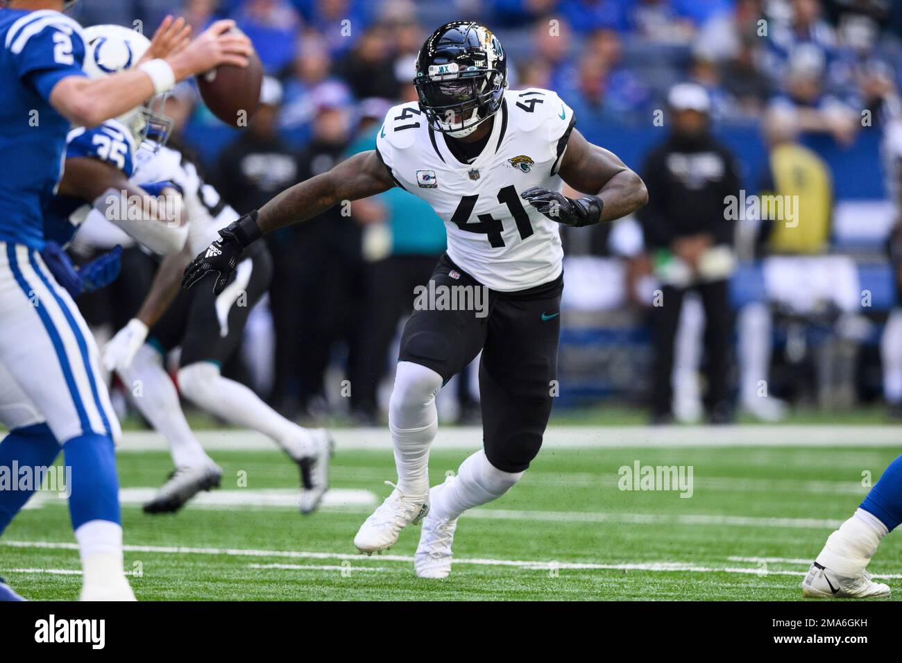 Jacksonville Jaguars outside linebacker Josh Allen (41) rushes into the ...