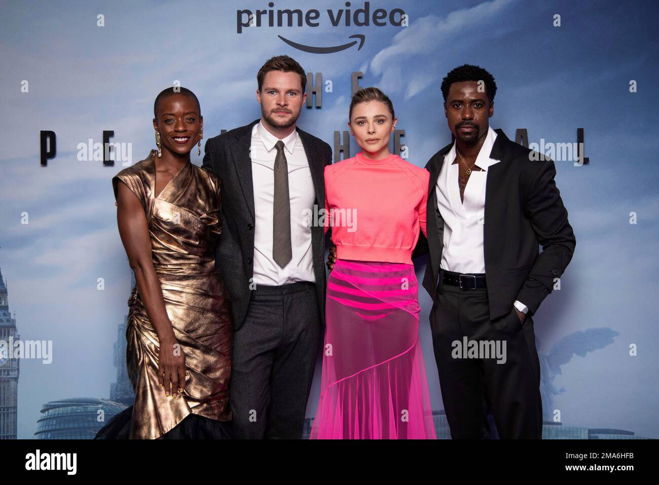From left, T'Nia Miller, Jack Reynor, Chloe Grace Moretz and Gary Carr ...