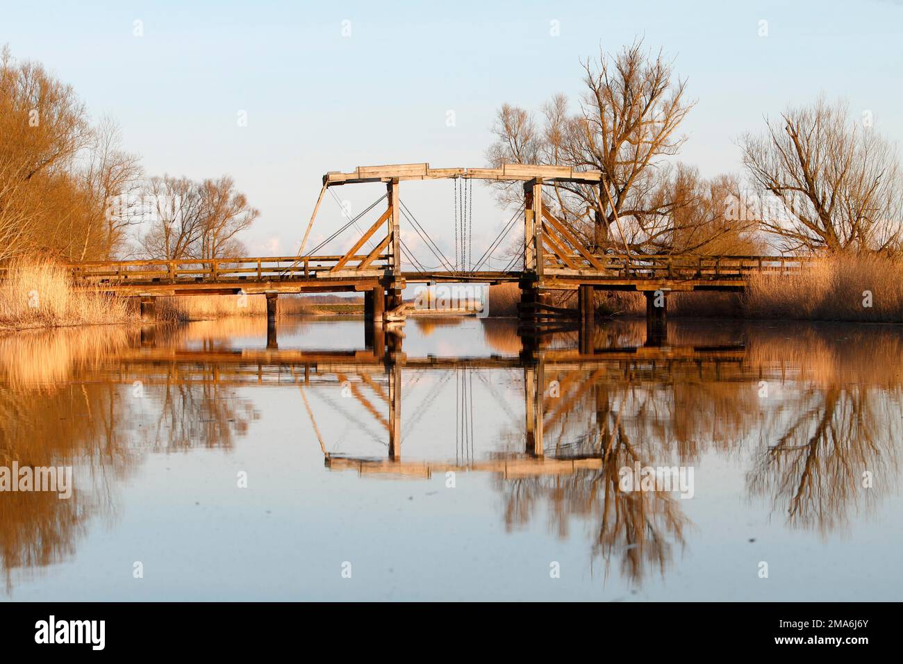 Replica of the historic wooden drawbridge over the Trebel River near ...