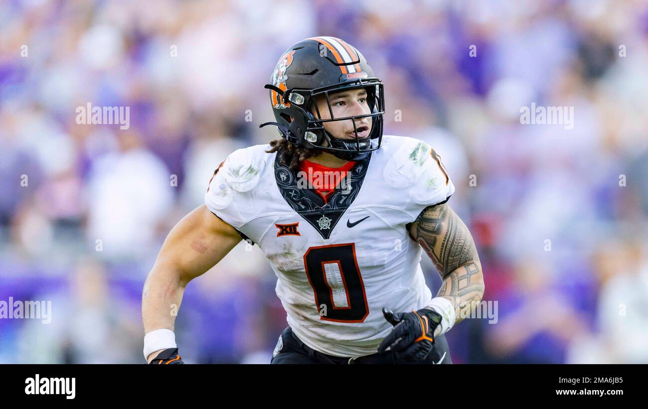 Oklahoma State linebacker Mason Cobb (0) is seen during an NCAA ...