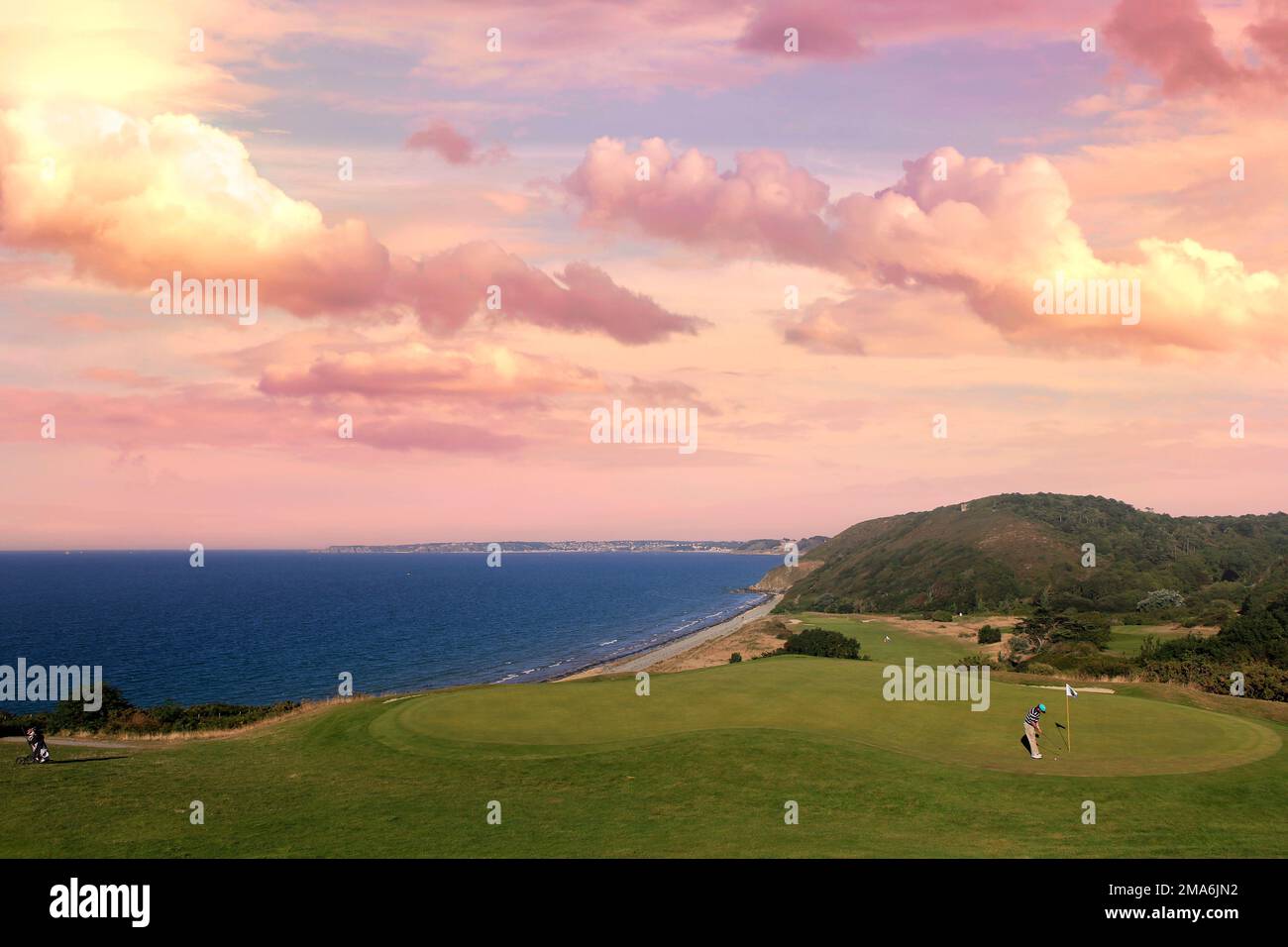 Pleneuf Val Andre Golf course, Bretagne, France, in the background, the ...