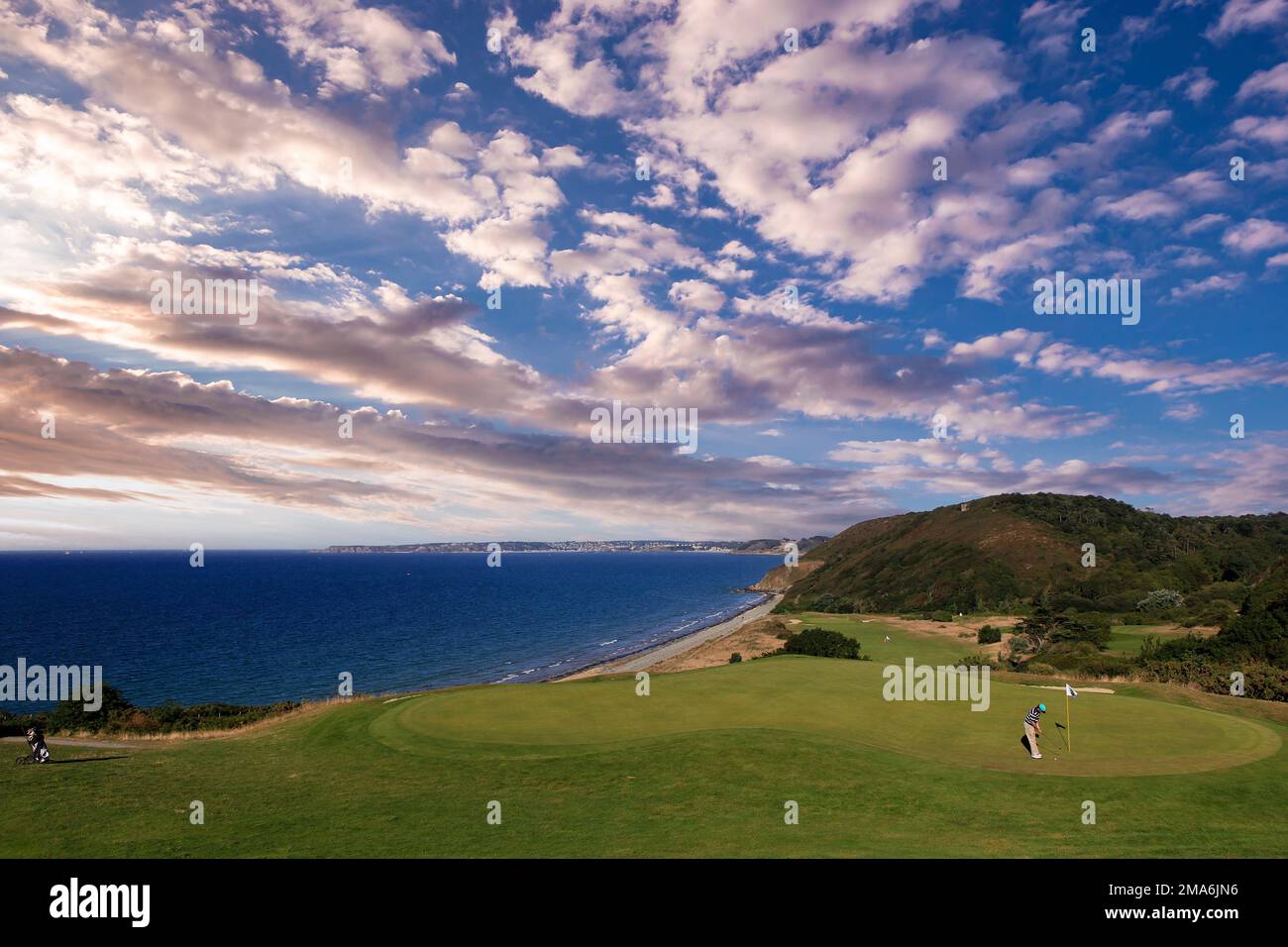 Pleneuf Val Andre Golf course, Bretagne, France, in the background, the ...