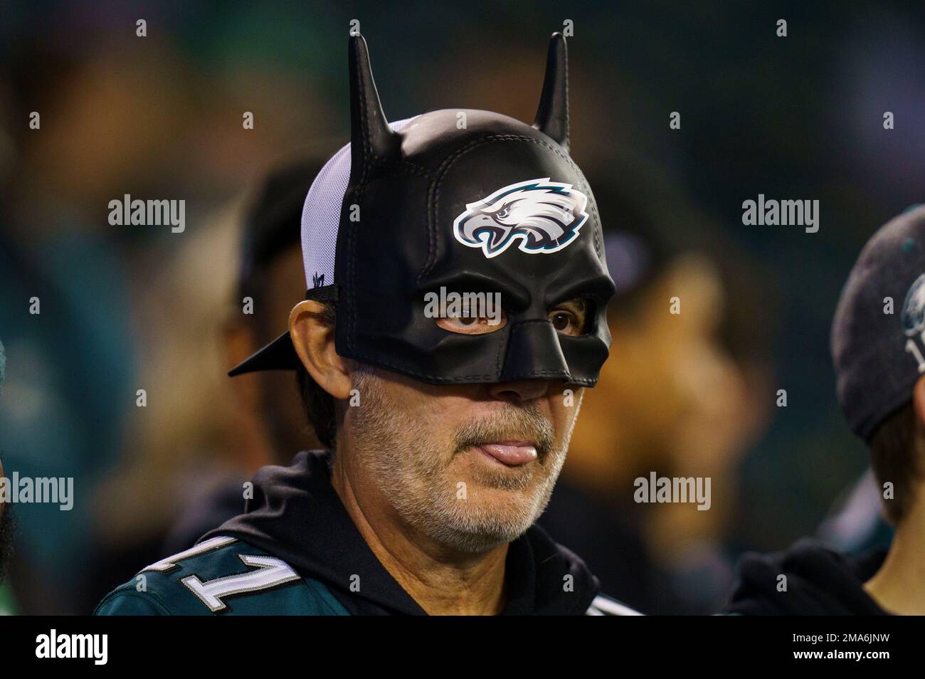 Philadelphia Eagles fan looks on with a Batman mask on prior to the NFL ...