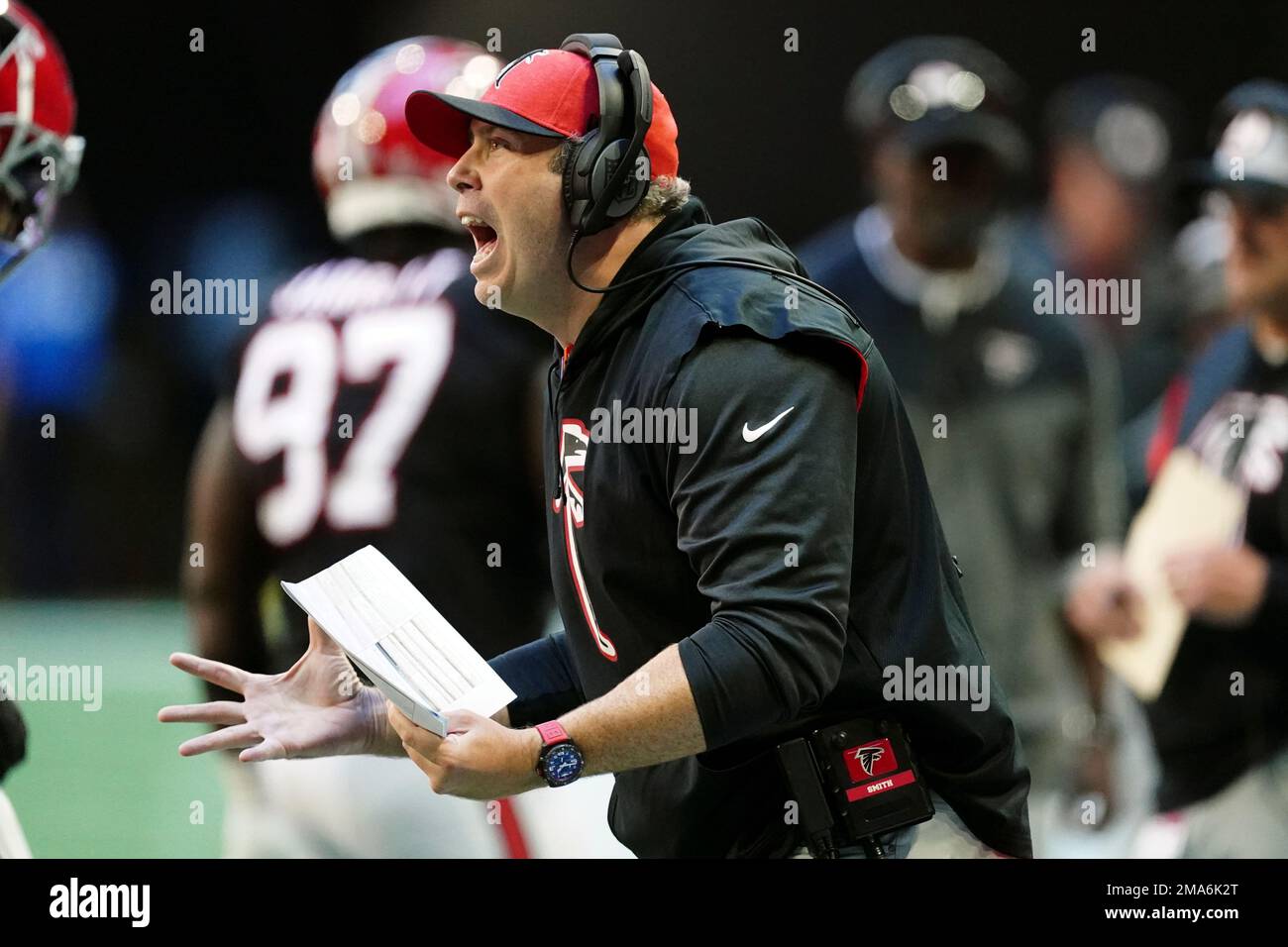 Atlanta Falcons head coach Arthur Smith is shown during an NFL football ...