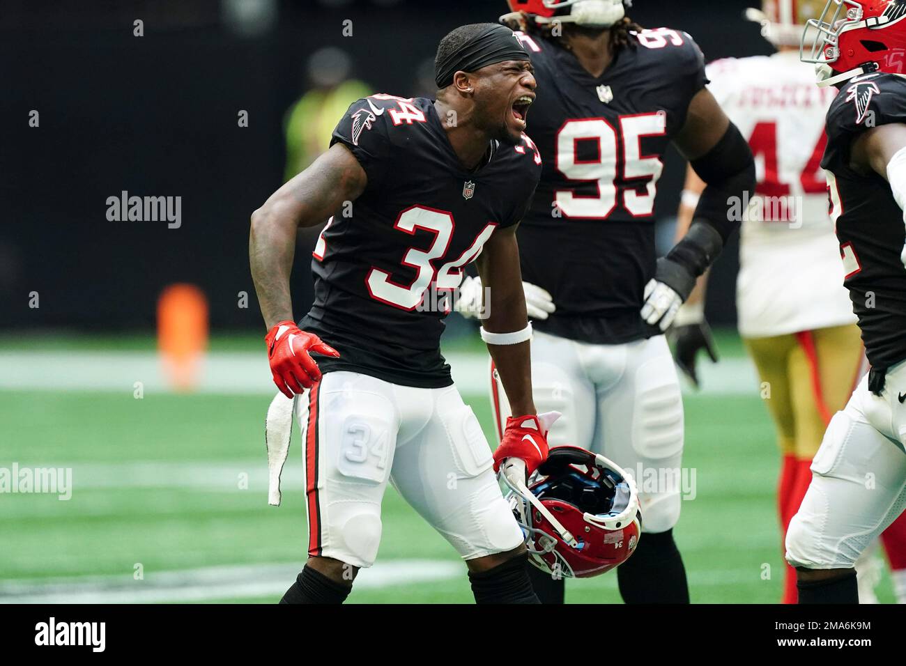 Atlanta Falcons cornerback Darren Hall (34) reacts after defeating the ...