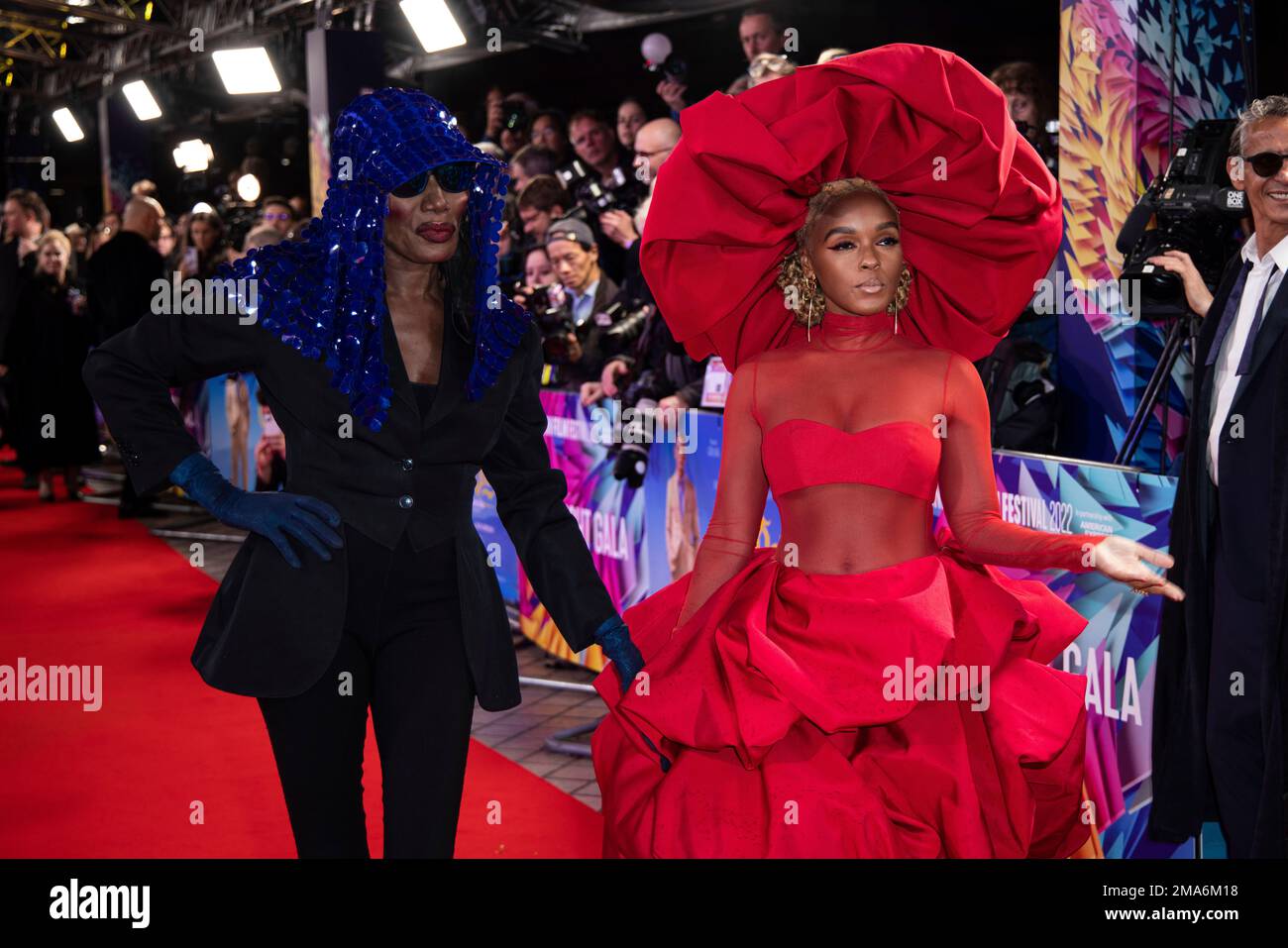 Janelle Monae, right, and Grace Jones pose for photographers upon arrival for the premiere of ...