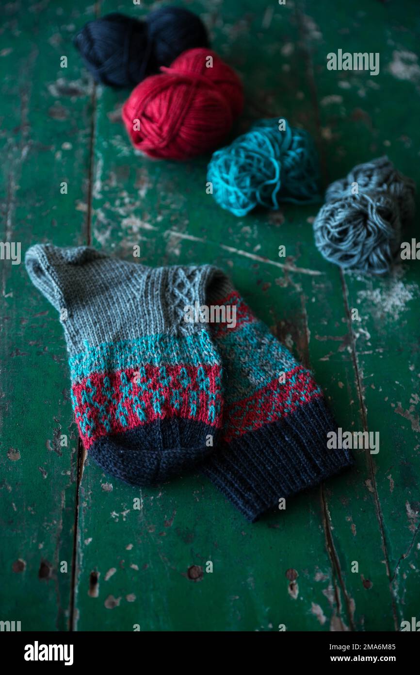 Knitting, Knitting needle, Wool, Wool ball, Knitting pattern Stock ...