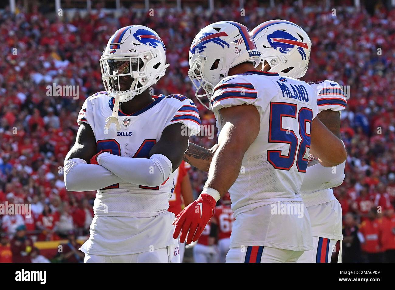 Buffalo Bills cornerback Kaiir Elam (24) reacts after an interception ...