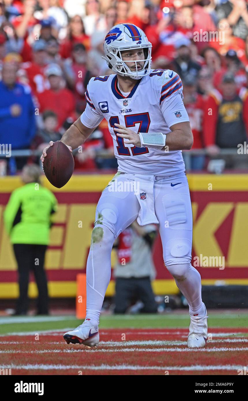 Buffalo Bills quarterback Josh Allen (17) looks down field during an ...