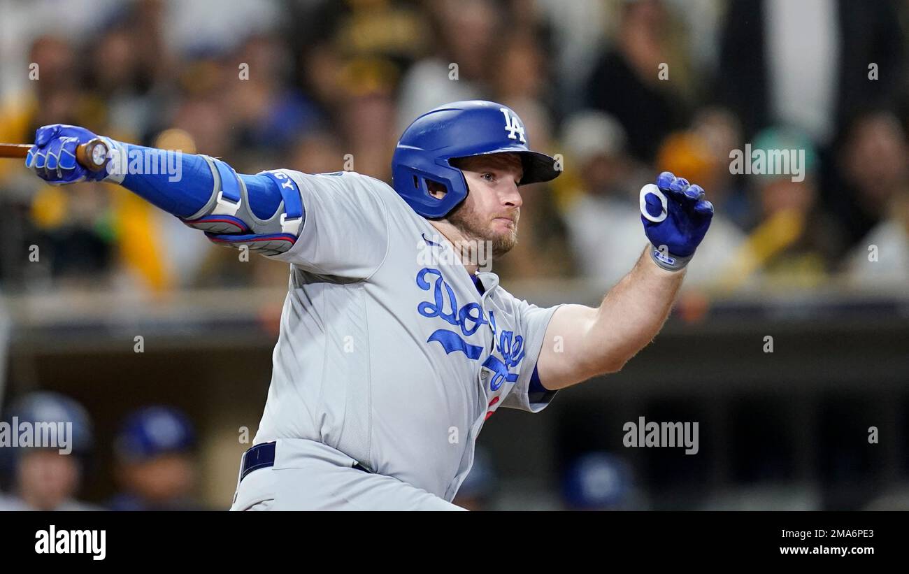 Los Angeles Dodgers' Max Muncy swings on a pitch during the second ...