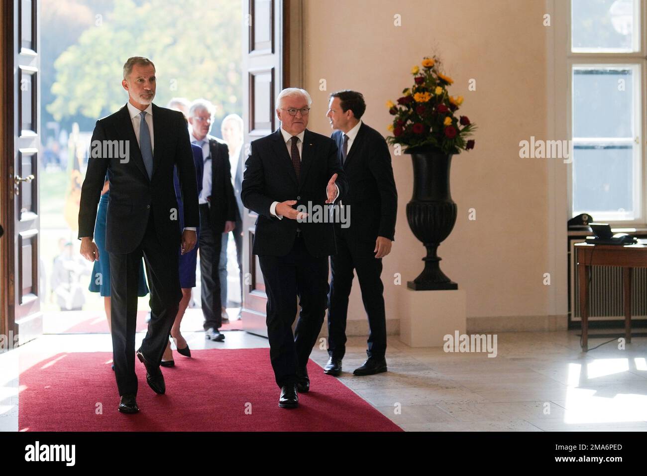 German President Frank-Walter Steinmeier, right, welcomes Spain's King ...