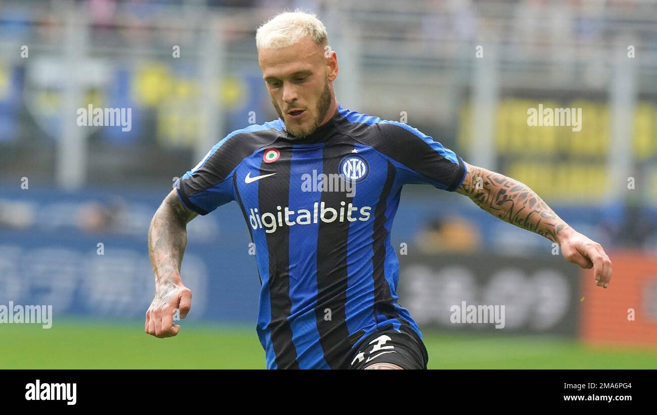 Inter Milan's Federico Dimarco controls the ball during a Serie A soccer match between Inter ...