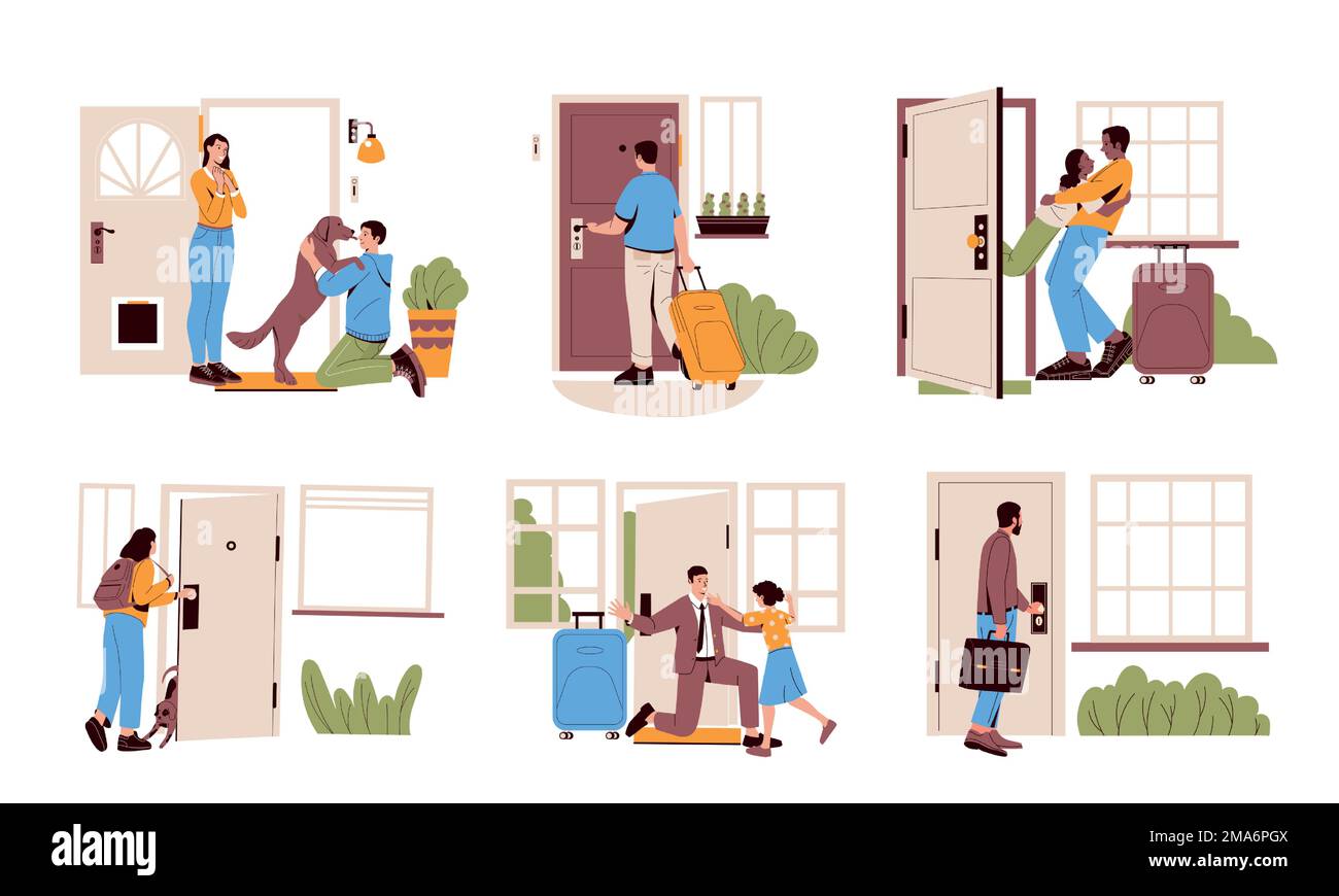 People return home. Cartoon characters returning to apartment, man ...