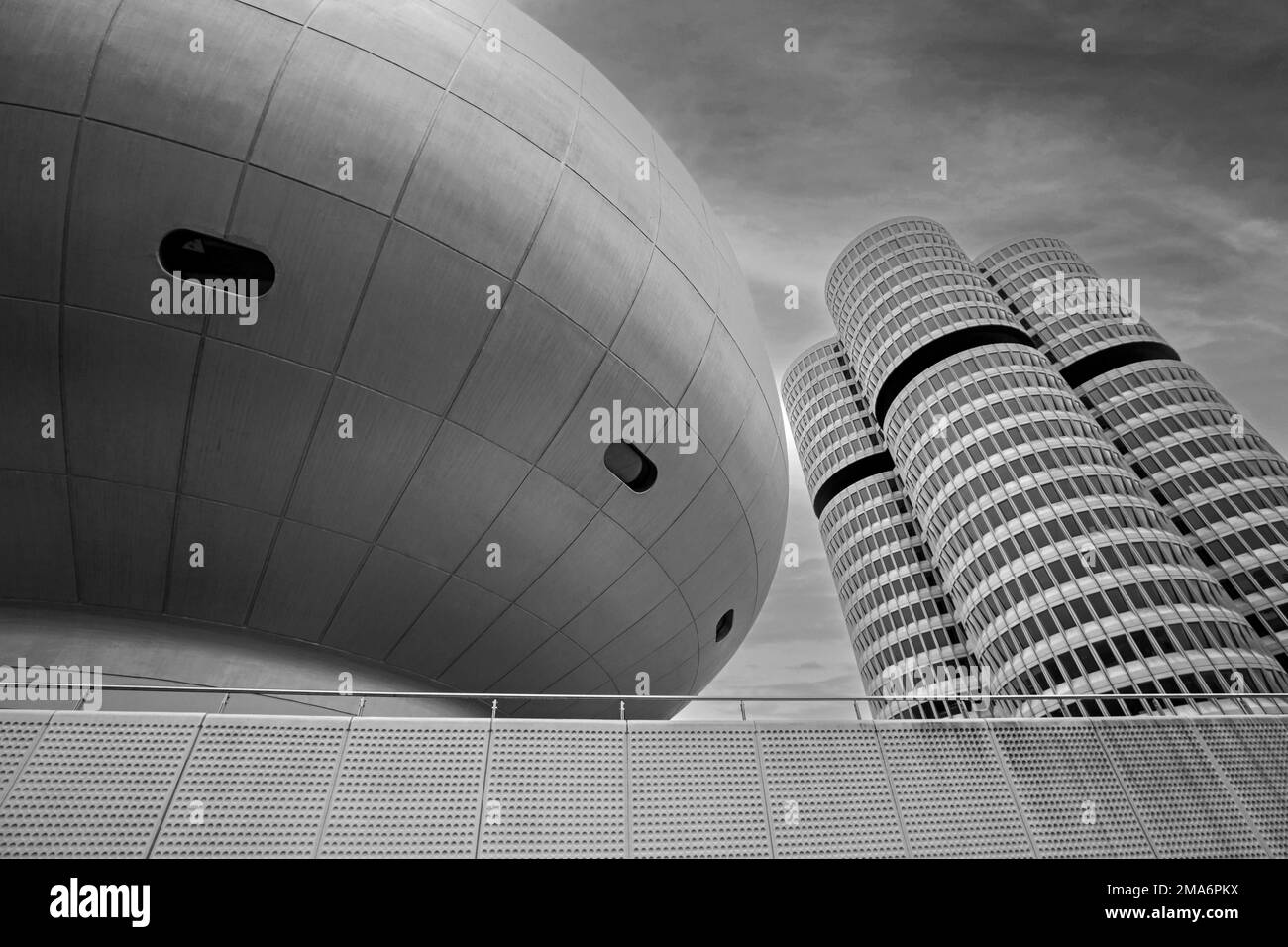 BMW Museum and BMW Tower, black and white photo, Munich, Bavaria ...