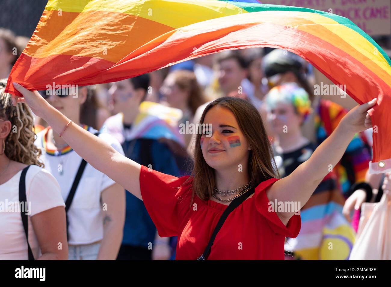 Woman with rainbow flag at the CSD Parade Cologne, North Rhine ...