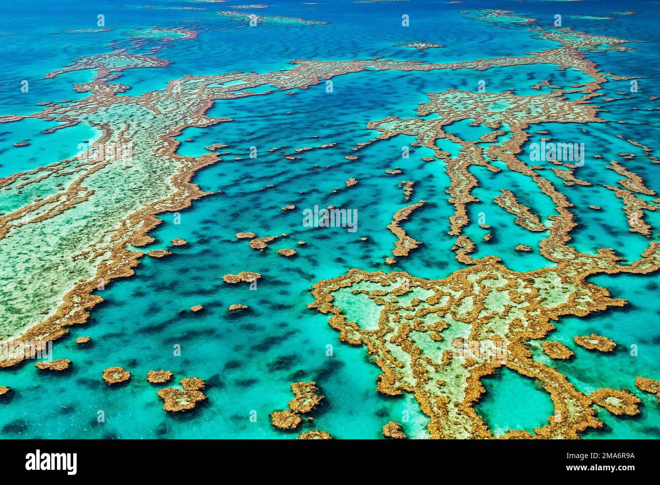 Aerial view, reefs and atolls of the Great Barrier Reef, Queensland ...