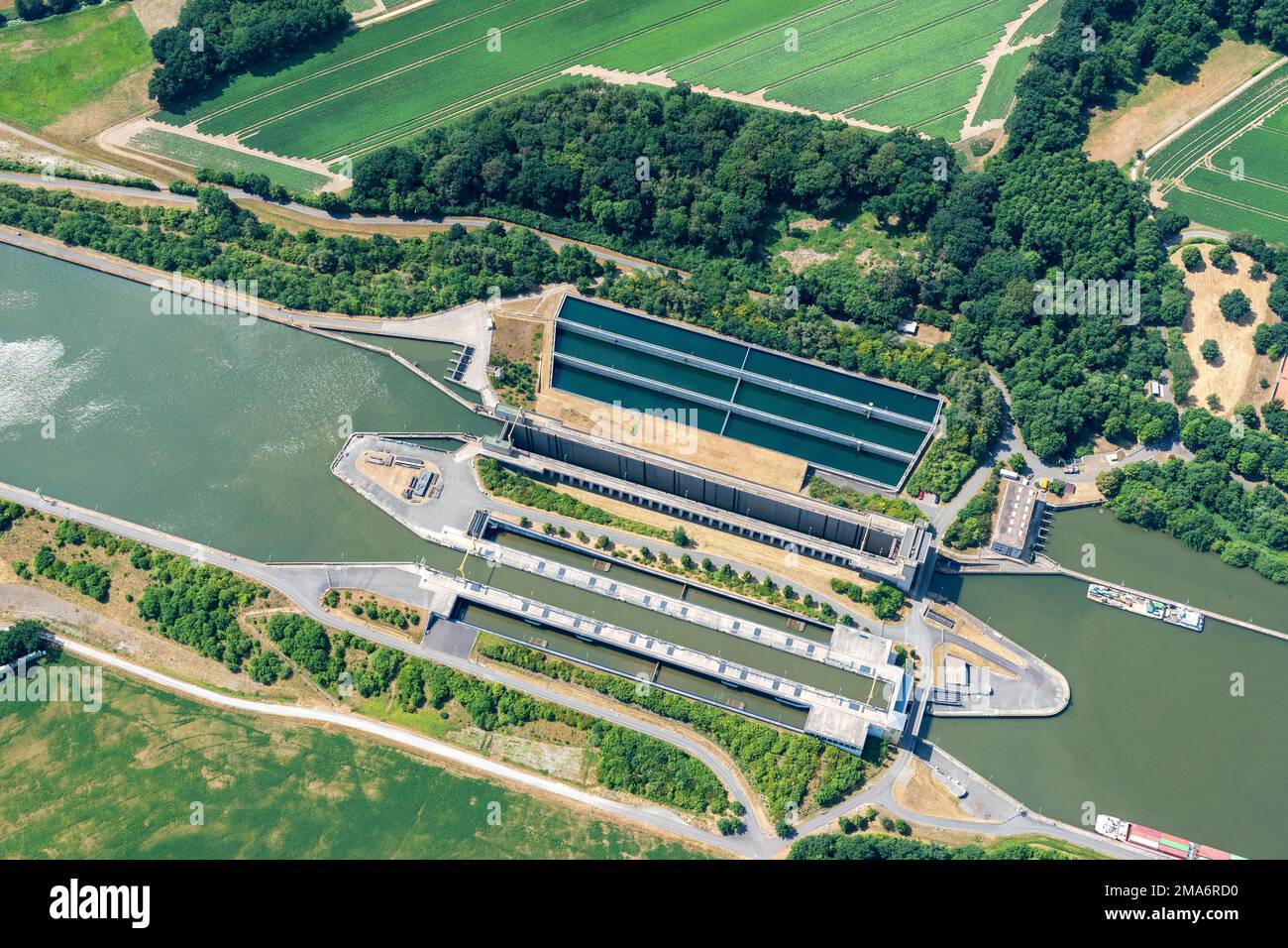 Aerial view lock group Uelzen, Elbe side canal, inland navigation ...