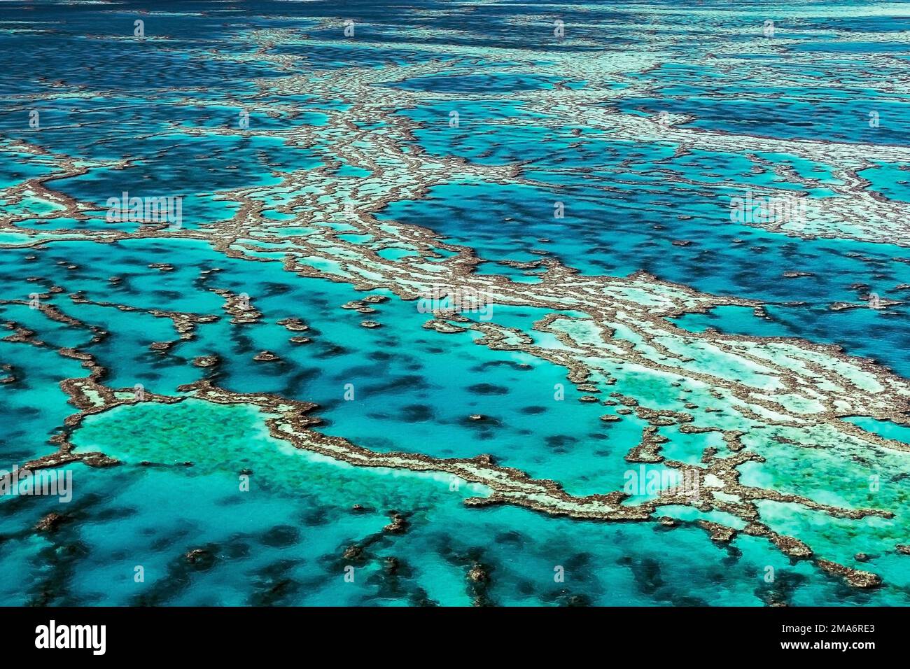 Aerial view, reefs and atolls of the Great Barrier Reef, Queensland ...