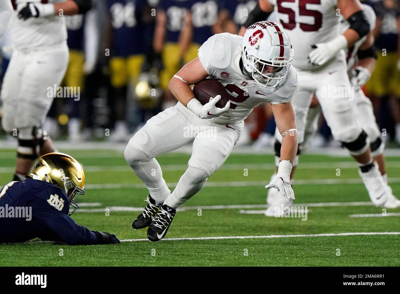 Stanford running back Casey Filkins (2) is tackled by Notre Dame safety ...