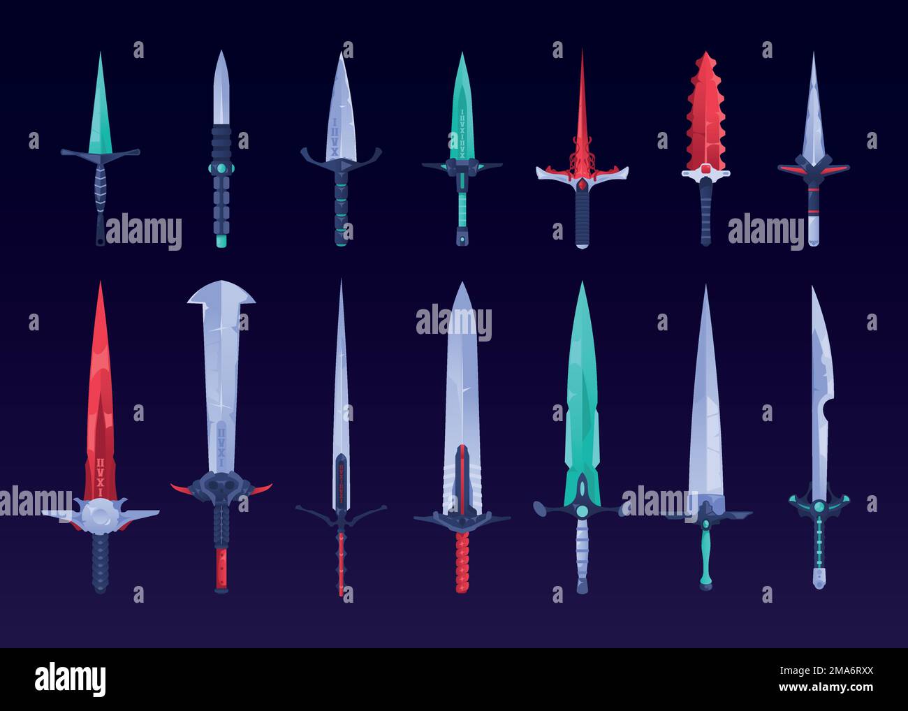 Game swords. Fantasy daggers battle broadsword for 3d gaming assets, magic steel blades ...
