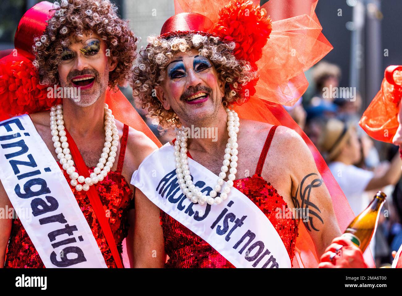 Two laughing homosexuals, transvestites at the CSD Parade 2022, Cologne ...