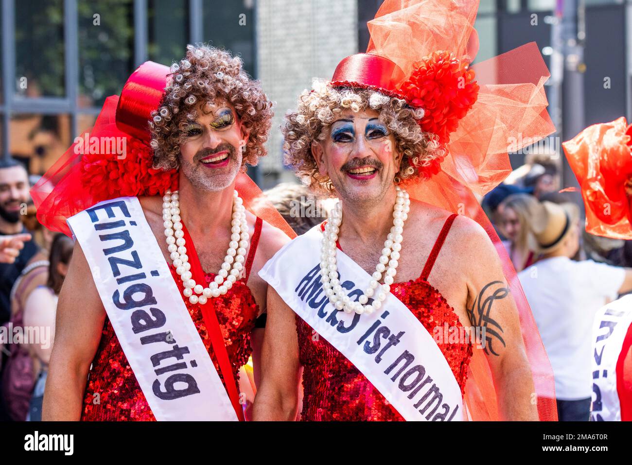 Two laughing homosexuals, transvestites at the CSD Parade 2022, Cologne ...