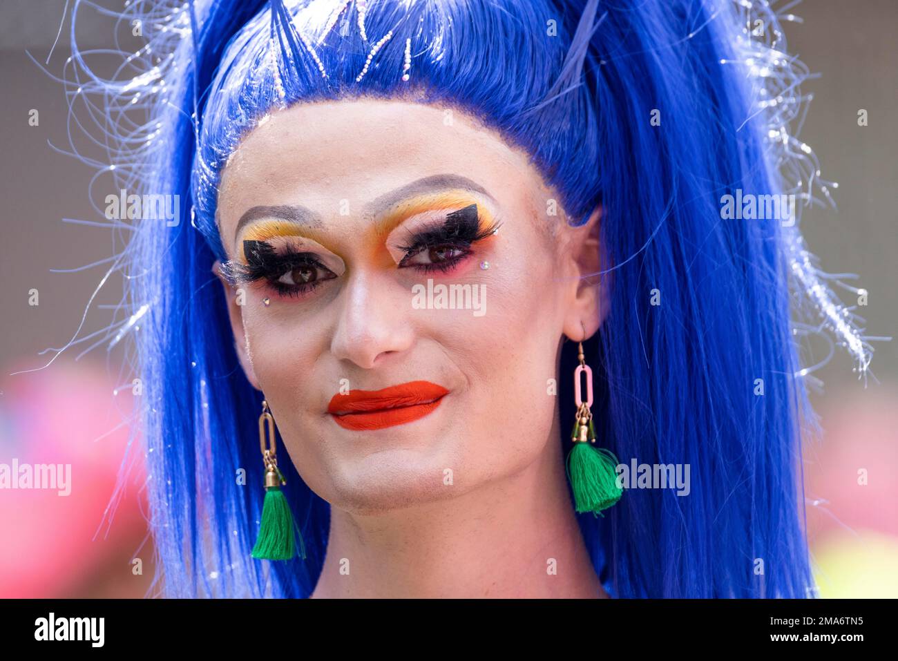 Made-up transvestite at the CSD parade, portrait, Cologne, North Rhine ...