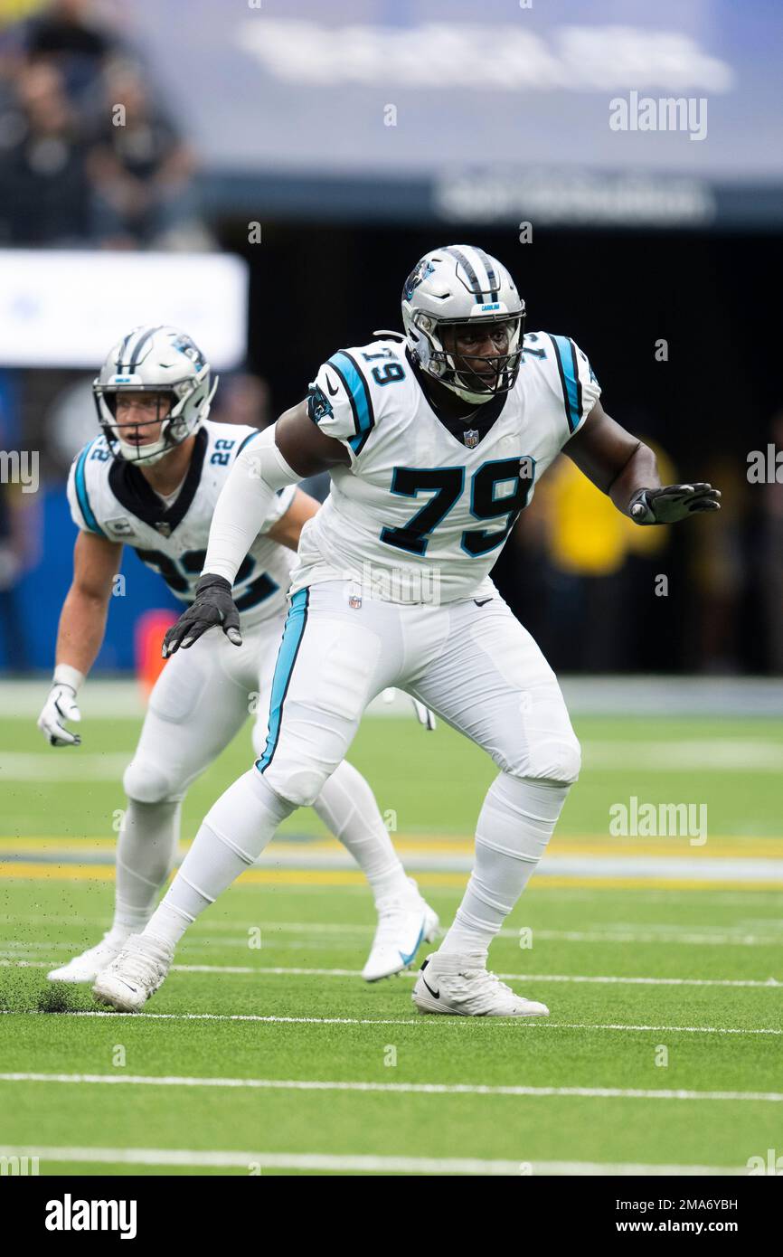 Carolina Panthers offensive tackle Ikem Ekwonu (79) takes his stance ...