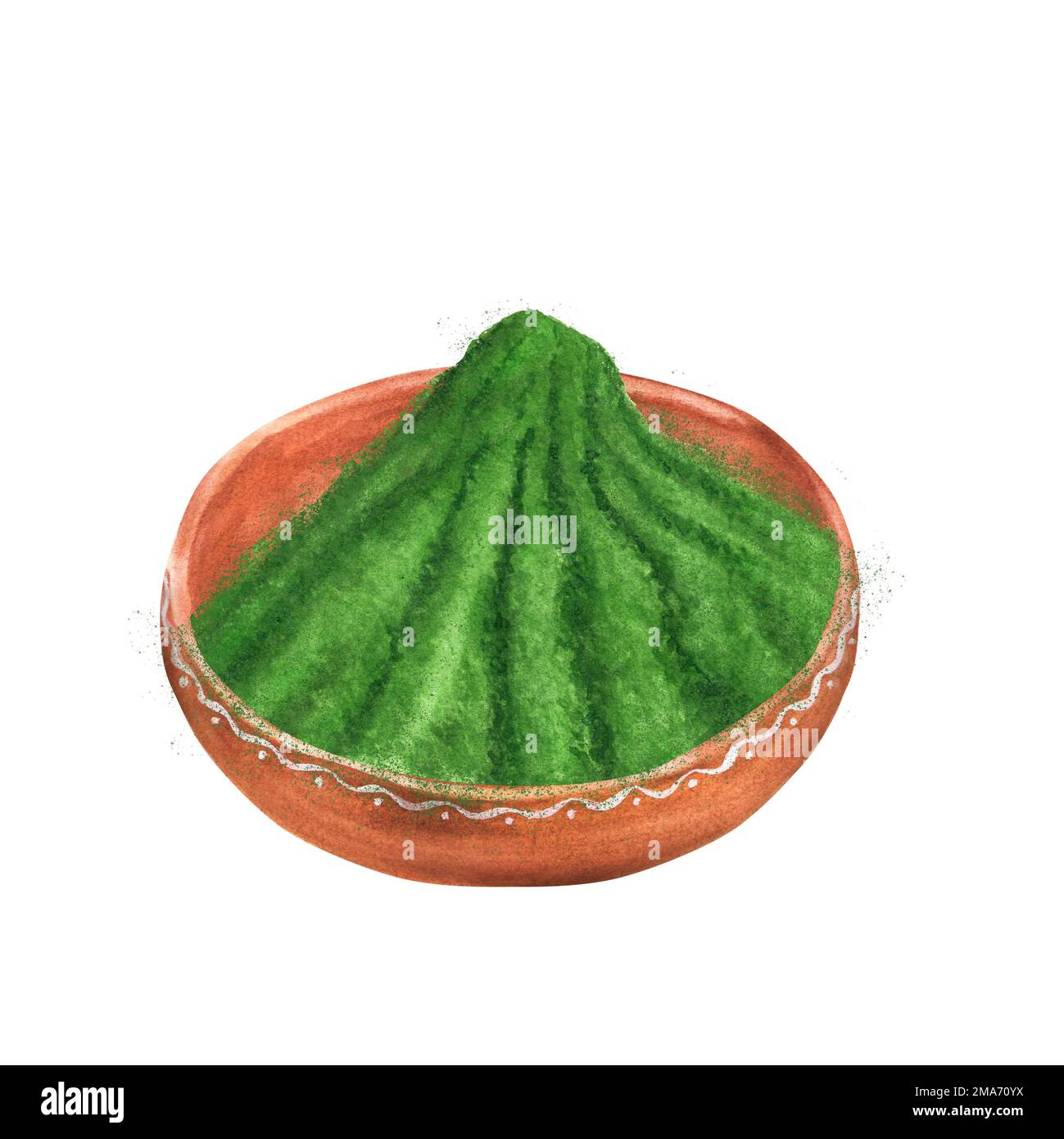 Hand-drawn watercolor green powder in a clay bowl. A part of the big ...