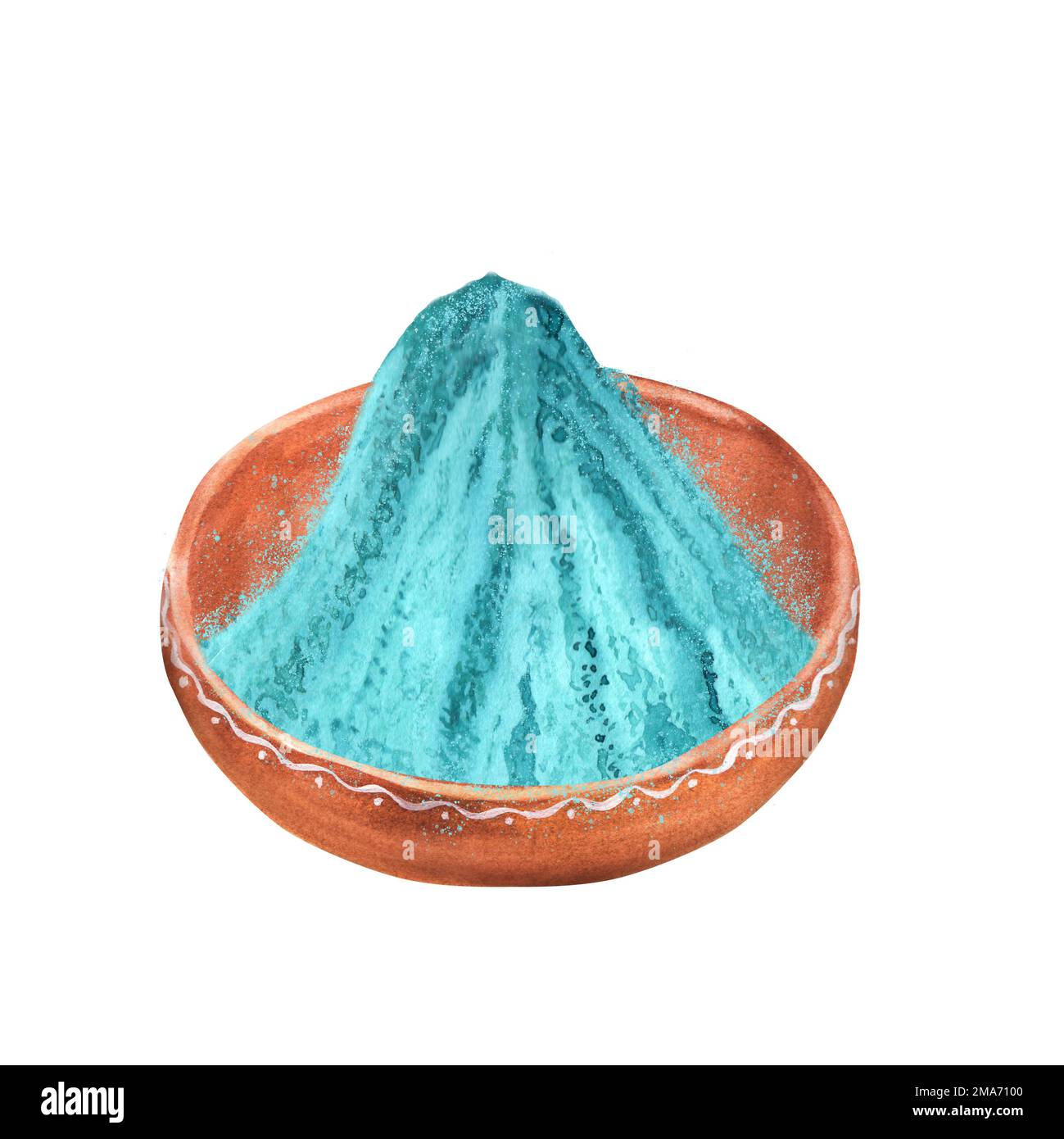 Hand-drawn watercolor blue powder in a clay bowl. A part of the big ...