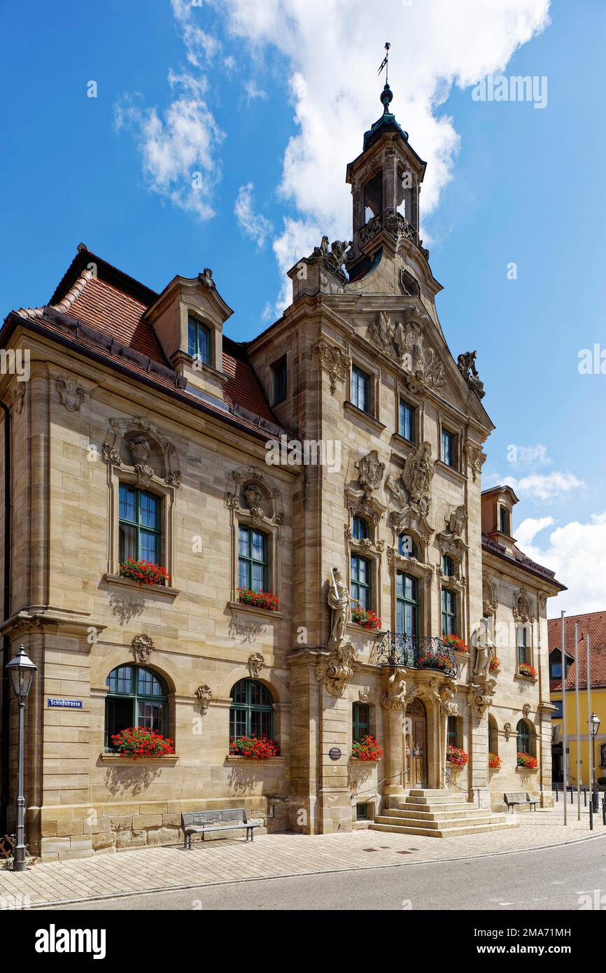 Town hall with rich facade decoration, two-storey mansard roof building ...