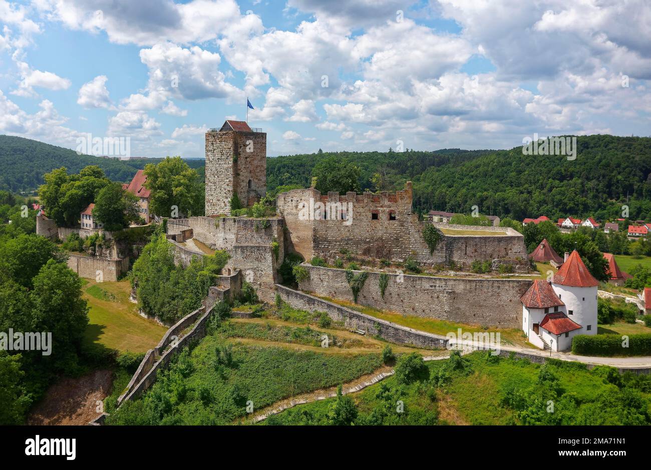 Aerial view, Pappenheim Castle, built around 1140, Spornburg, one of ...
