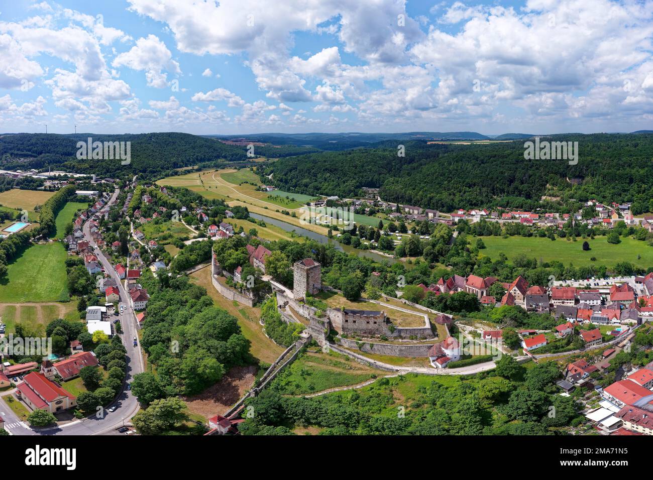 Aerial view, Pappenheim Castle, built around 1140, Spornburg, ancestral ...