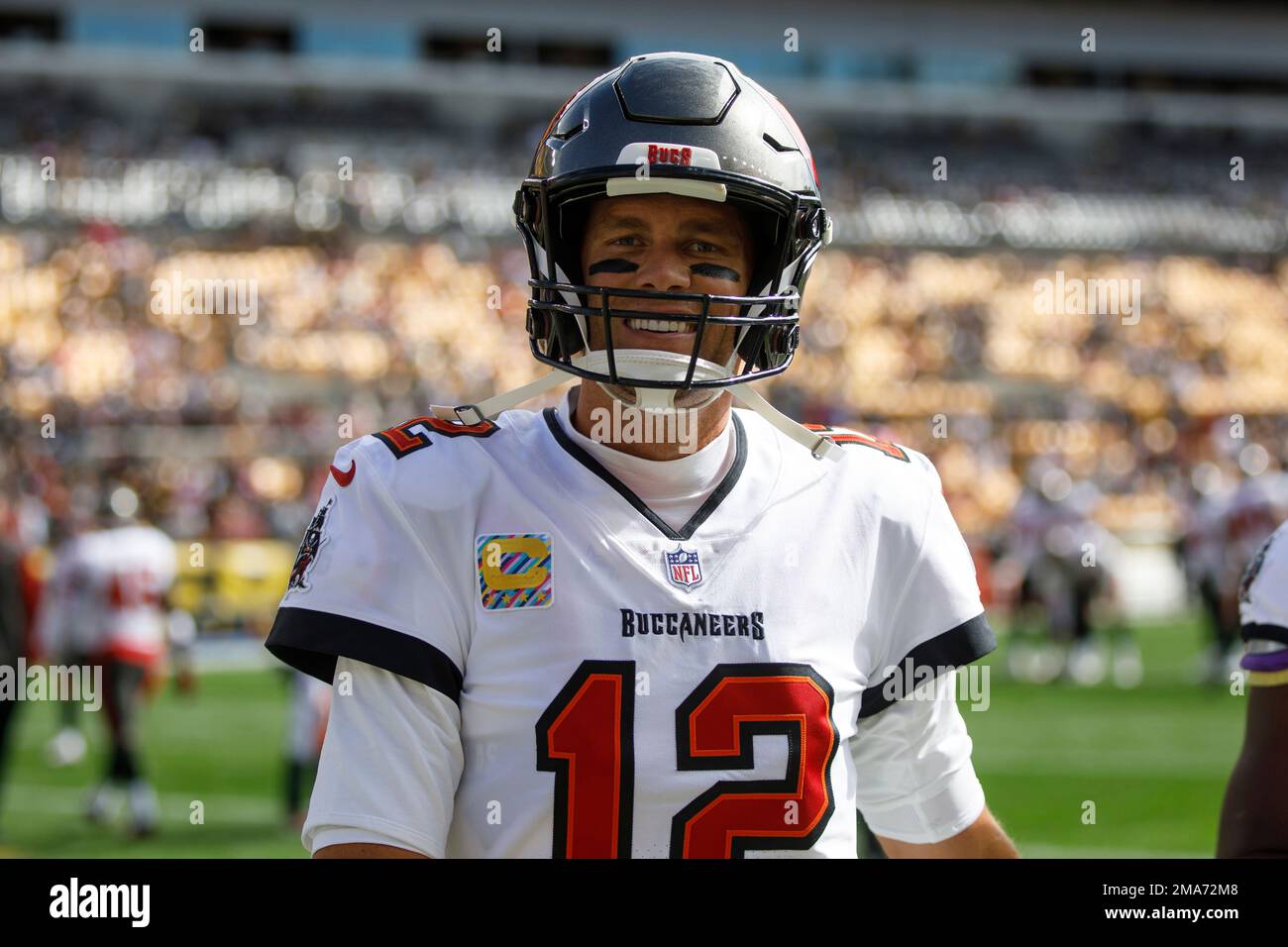 Tampa Bay Buccaneers quarterback Tom Brady (12) smiles before an NFL ...