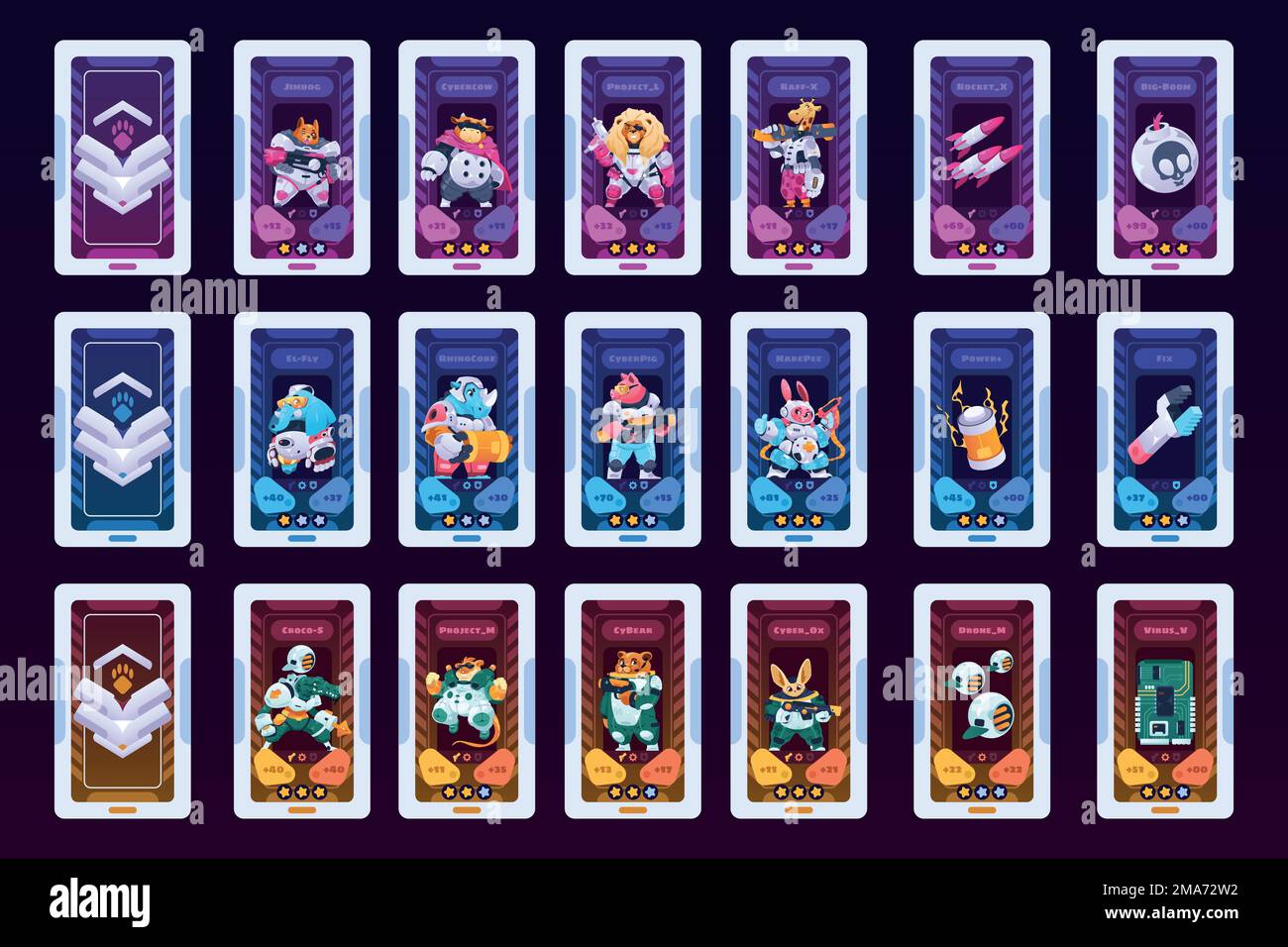 Card game characters. Cartoon deck with fantasy warrior animals, UI ...